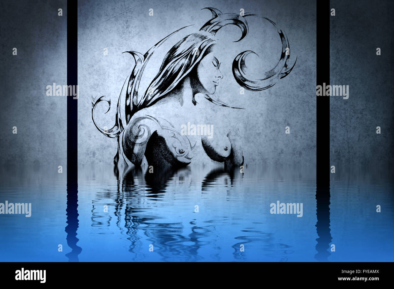 Tattoo wood nymph on blue wall with water reflections Stock Photo - Alamy