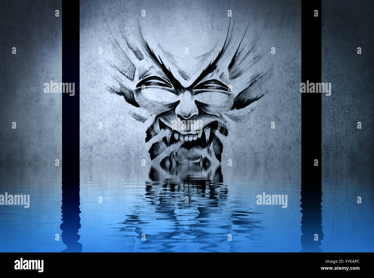 fantasy drawing of a devil dirty blue background, with reflections on ...