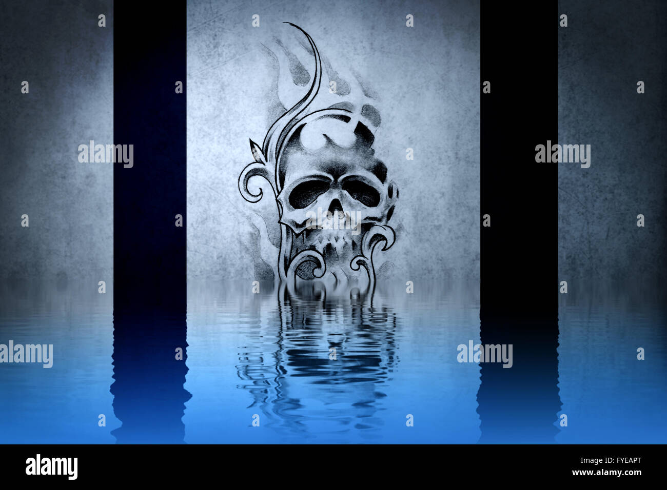 Skull tattoo on blue wall reflections in the water Stock Photo - Alamy