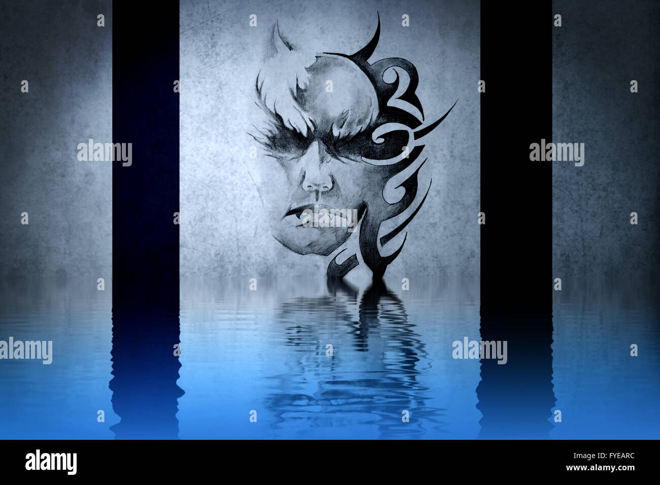 Tattoo drawing on blue wall with water reflections Stock Photo - Alamy