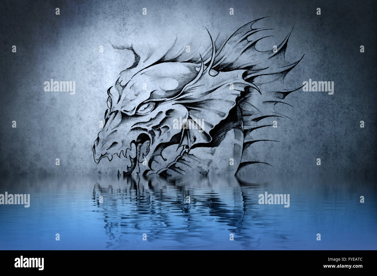 Aggressive fantasy Dragon tattoo on blue wall reflections in the water ...