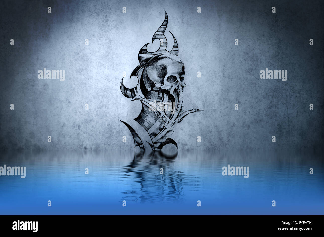 Tattoo drawing on blue wall with water reflections Stock Photo - Alamy