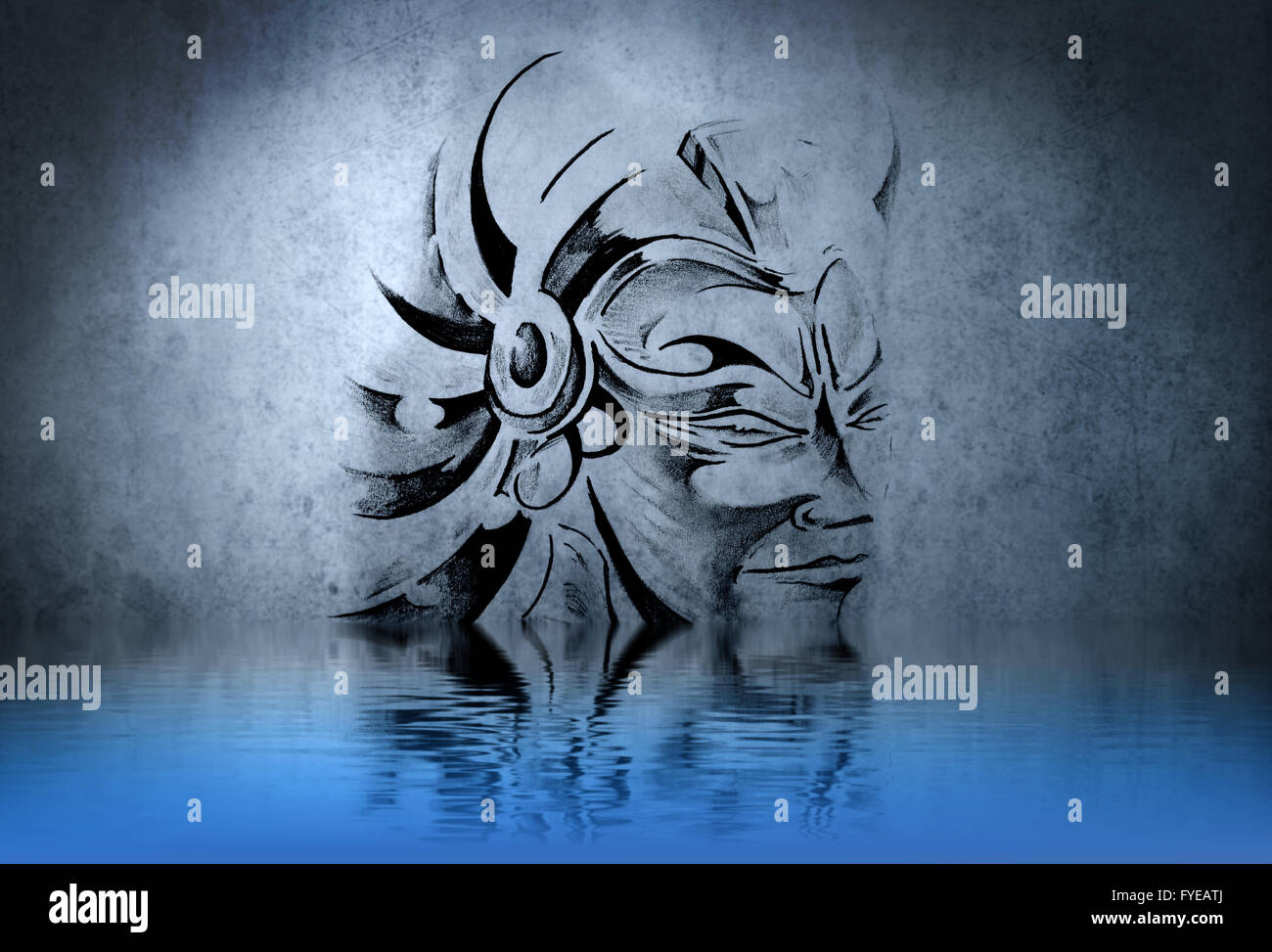 Warrior tattoo on blue wall with water reflections Stock Photo - Alamy