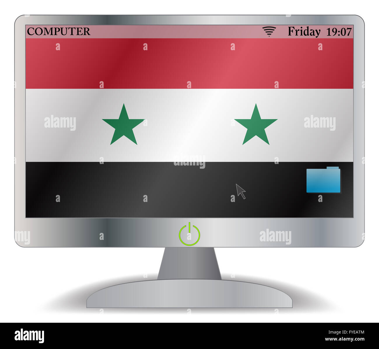 A Syria computer screen with an on button isolated on a white ...