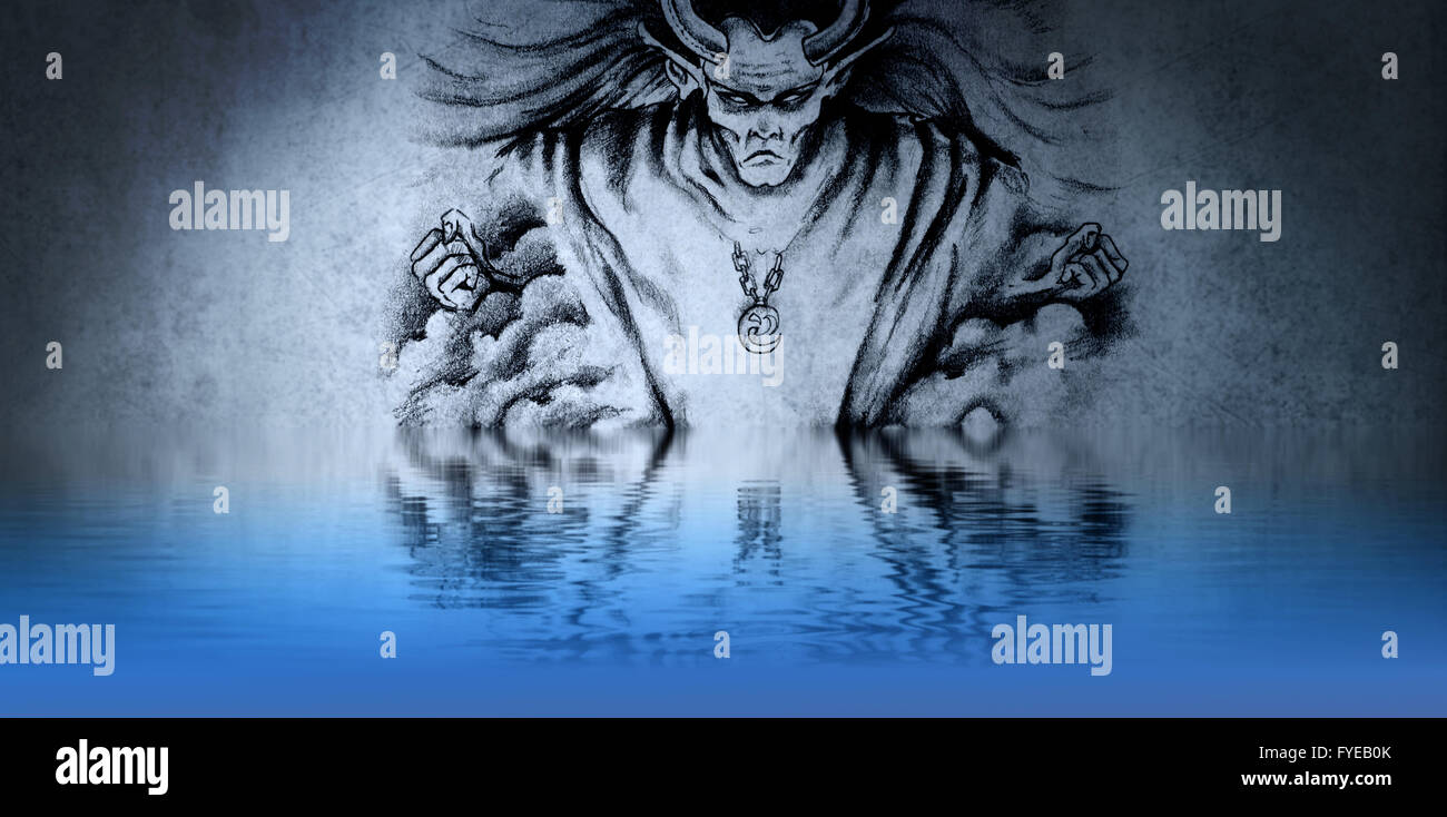 drawing of an evil wizard dirty blue background, with reflections on ...