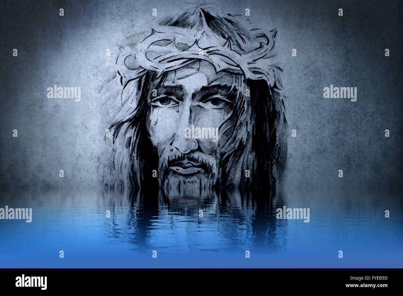 Jesus Christ, drawing on blue wall reflections in the water Stock Photo ...