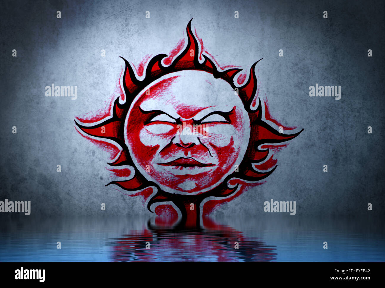 Tattoo red sun with water reflection. Illustration design over blue ...