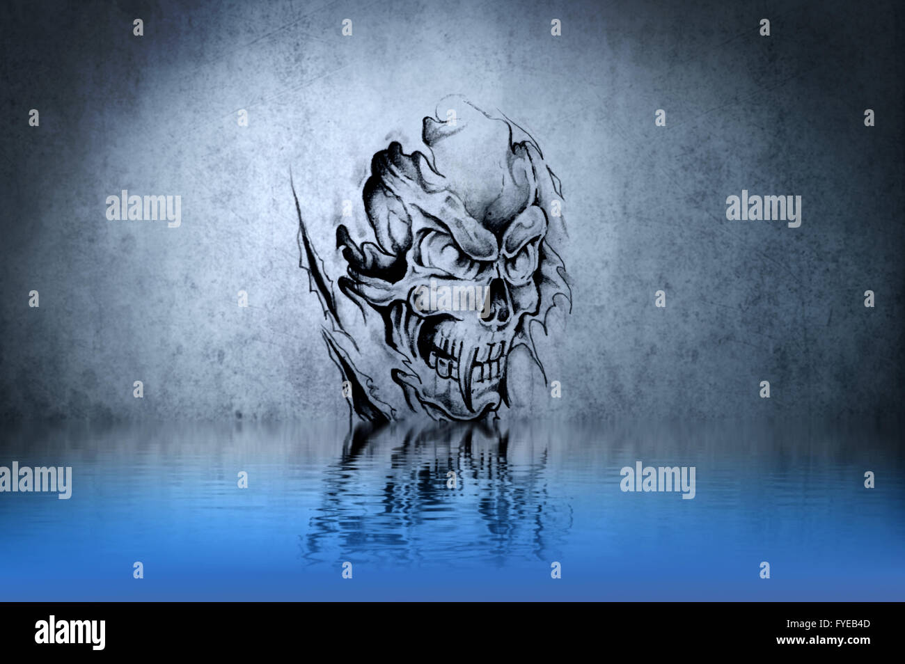 Evil wizard, drawing on blue wall reflections in the water Stock Photo ...
