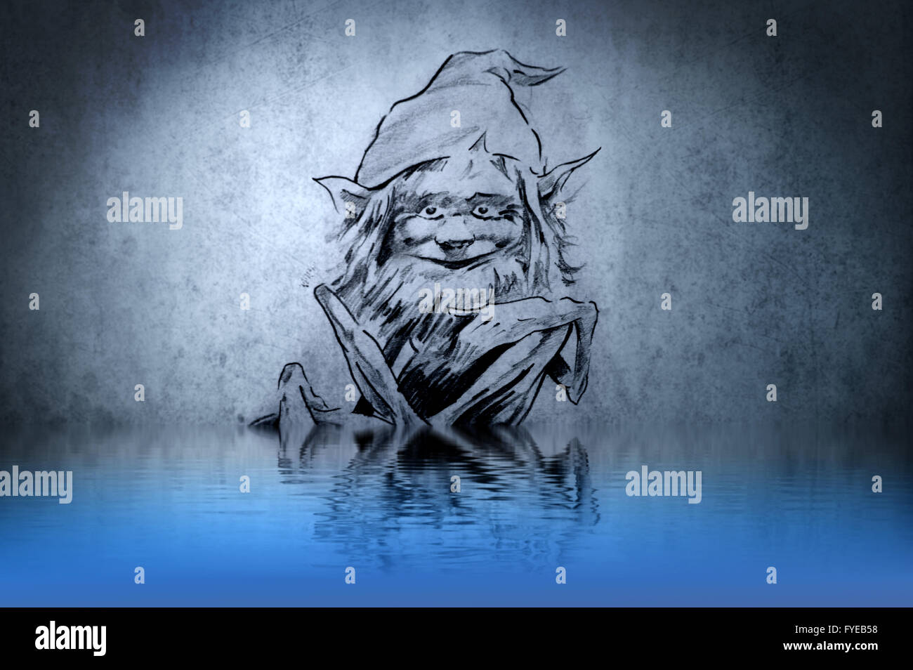 Goblin on blue wall with funny reflections on the water Stock Photo - Alamy