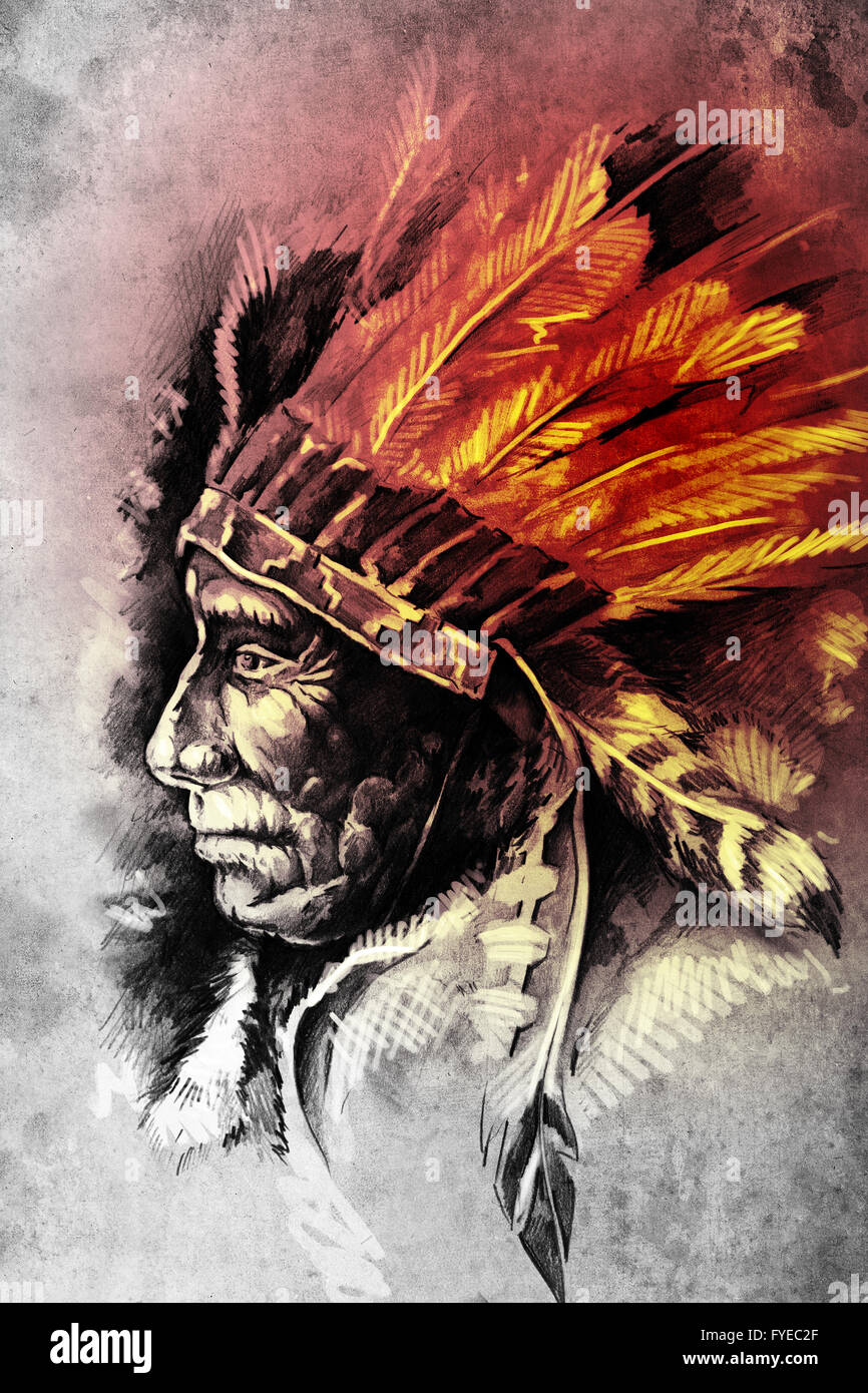 Indian Head Chief Illustration. Sketch of tattoo art, over vintage ...