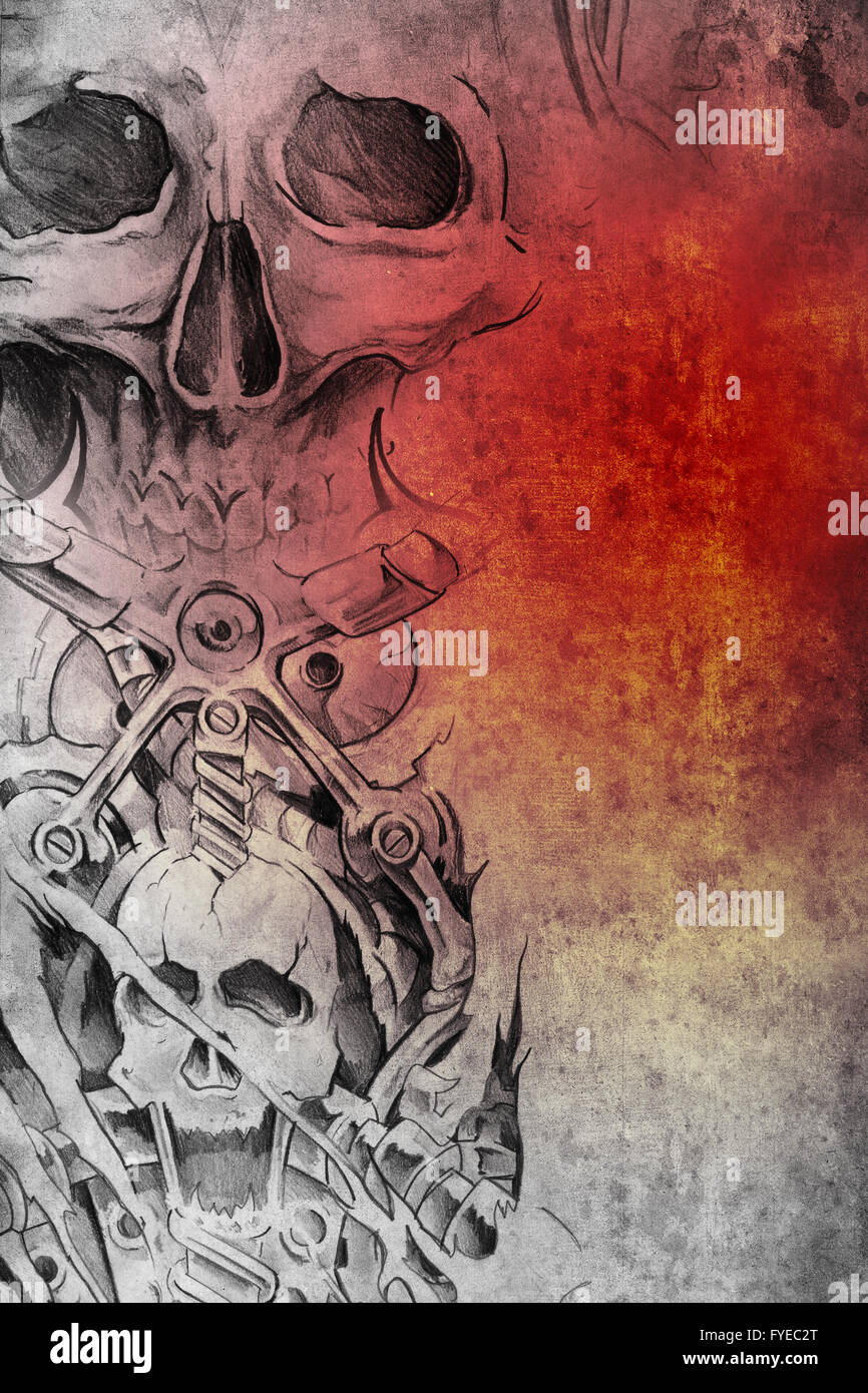 Tattoo pattern with evil designs over antique paper Stock Photo - Alamy