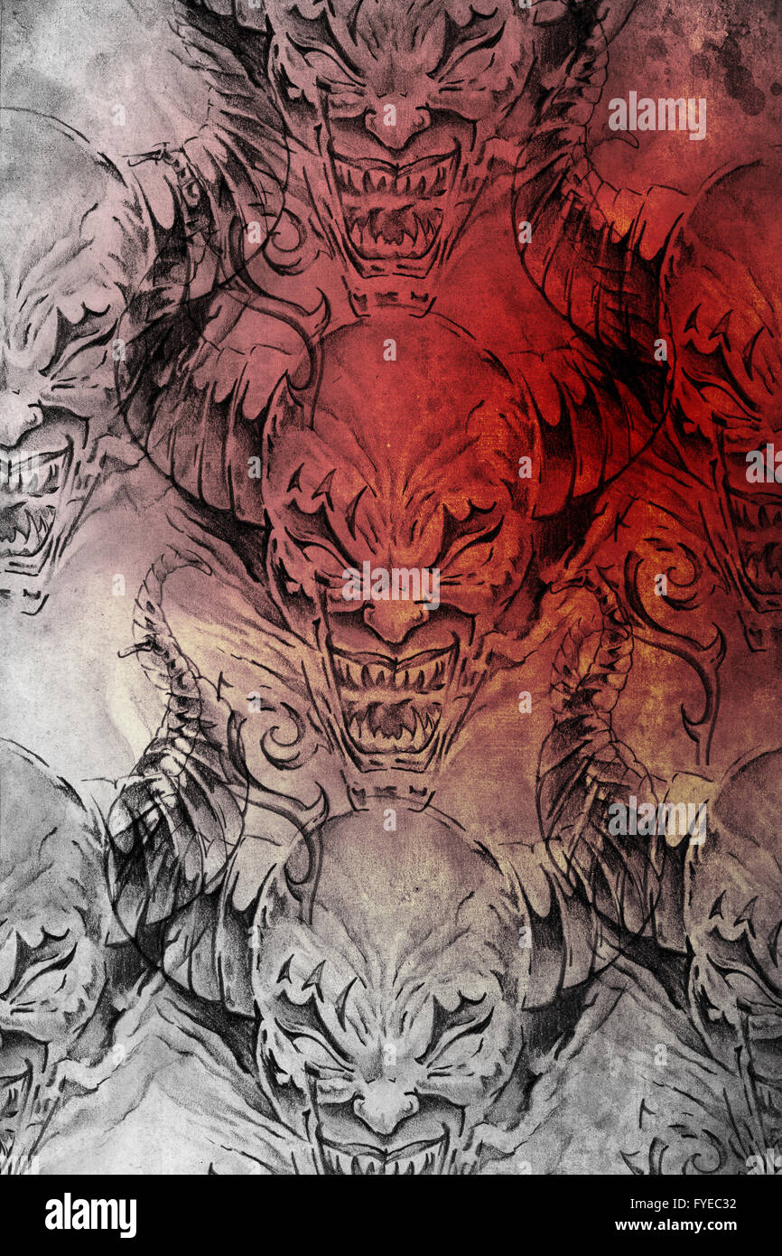 Tattoo pattern with demon designs over antique paper Stock Photo - Alamy