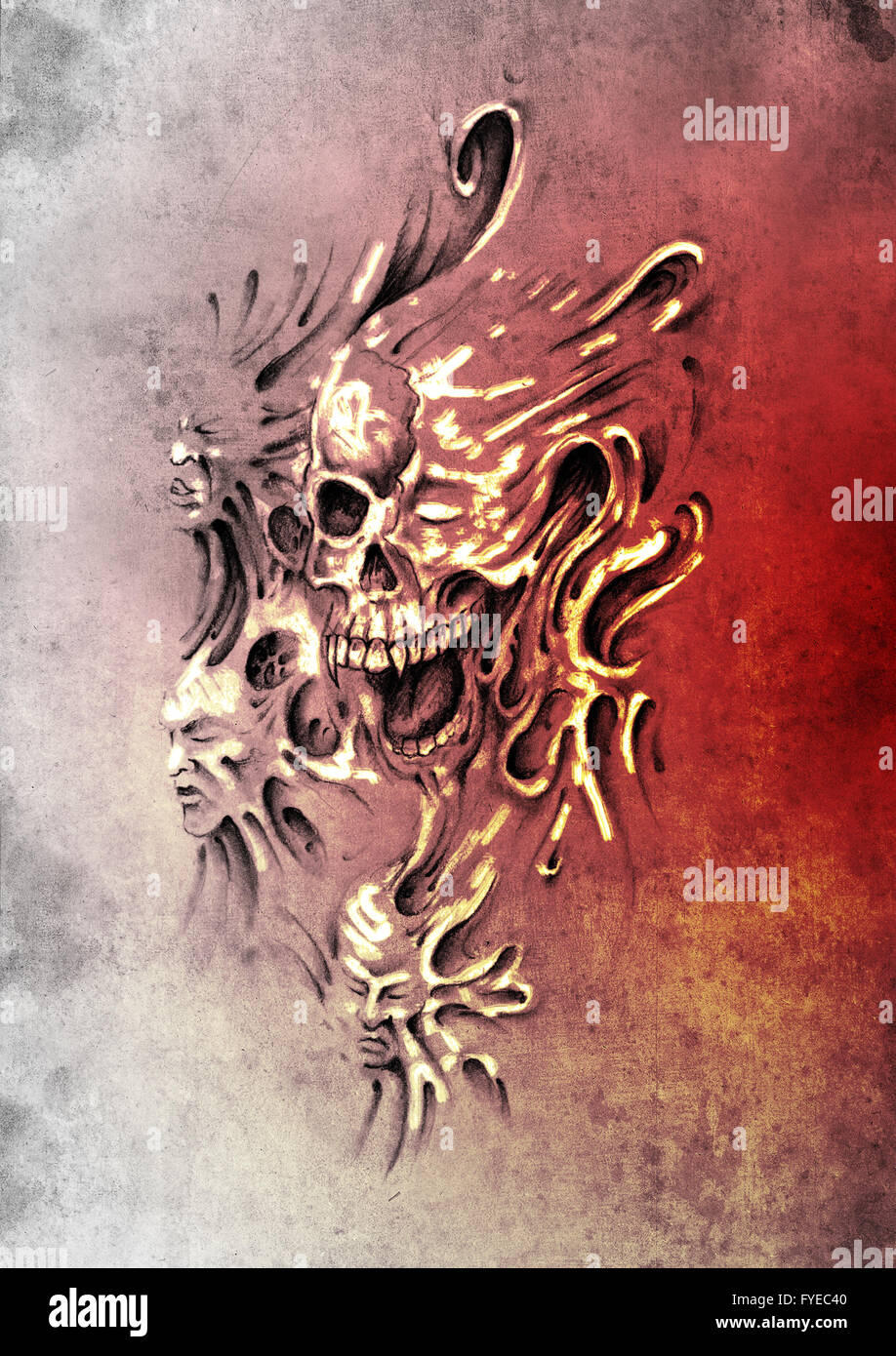 Sketch of tattoo art, monster heads under skin Stock Photo - Alamy