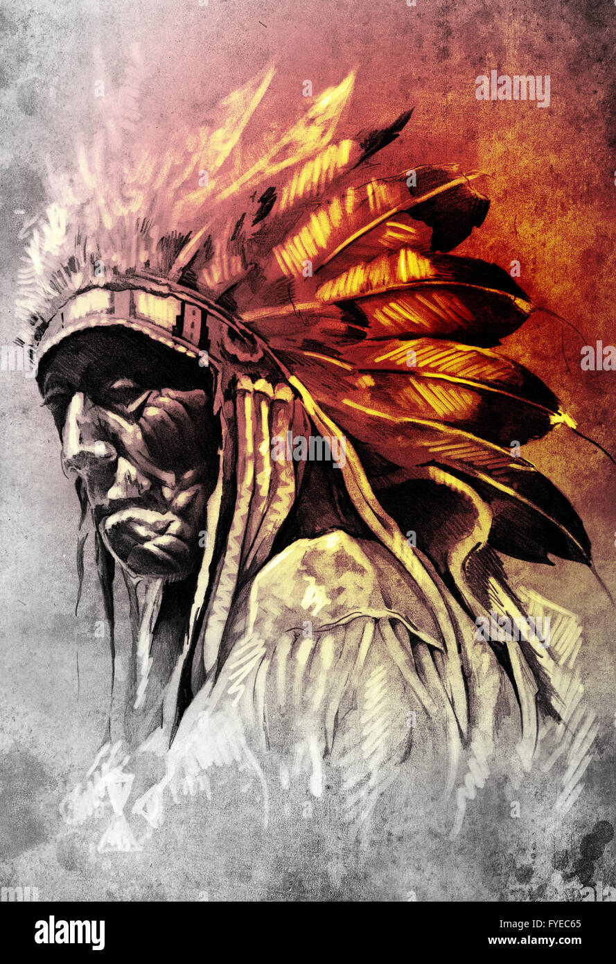 Sketch of tattoo art, indian head Stock Photo - Alamy