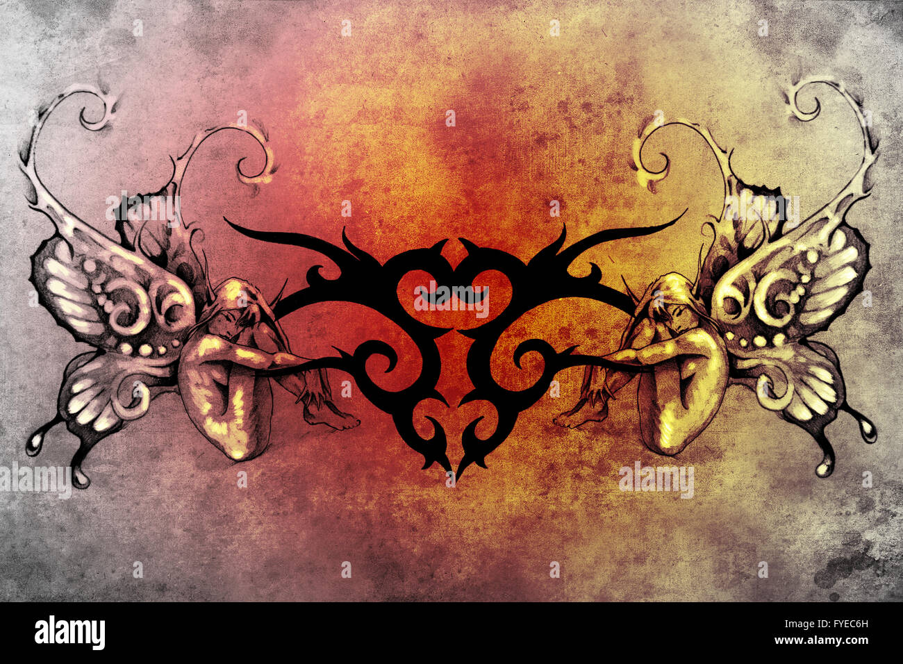 Tattoo art design, tribal with two nymphs on each side Stock Photo - Alamy