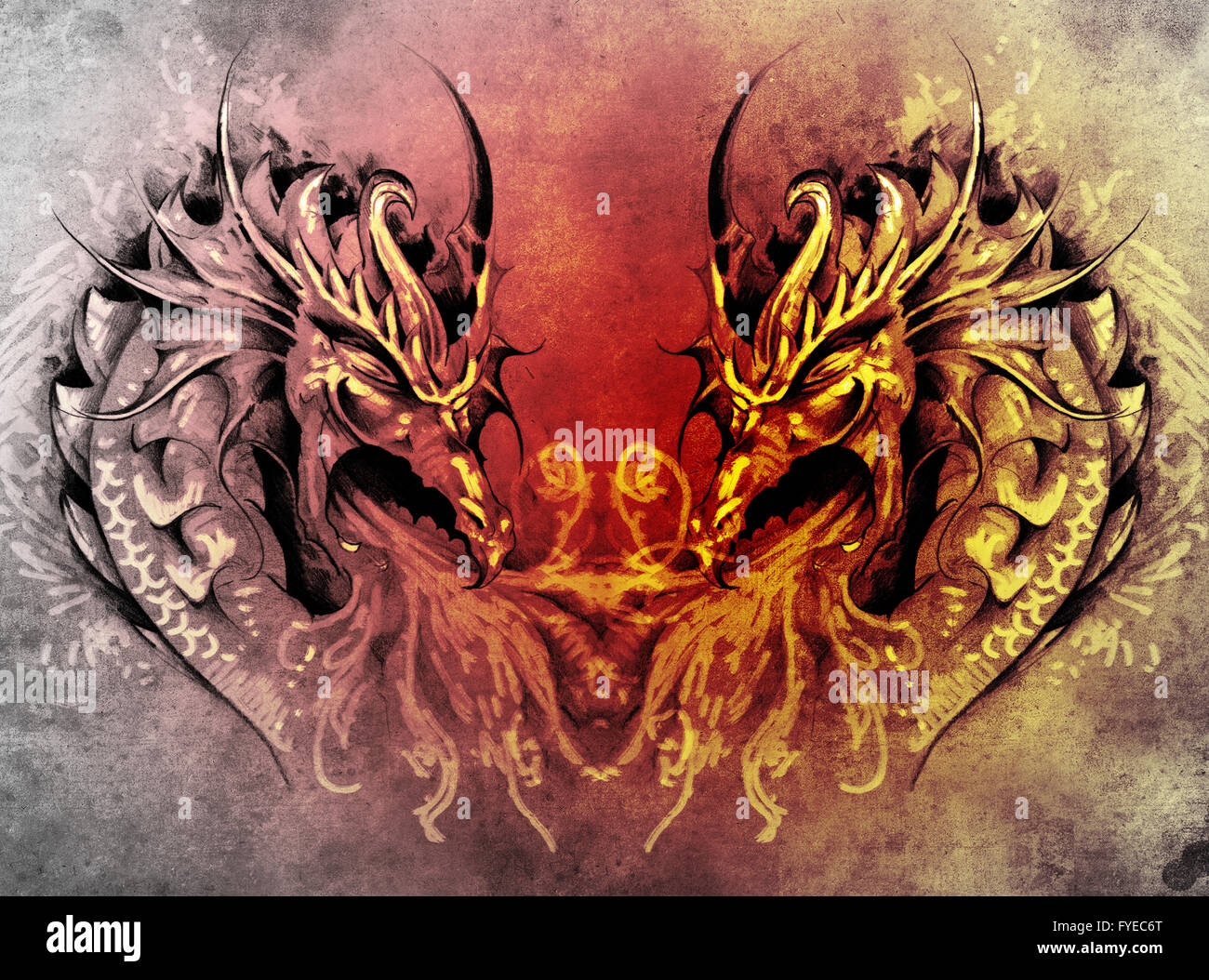 Tattoo art, fantasy medieval dragons heart Stock Photo - Alamy