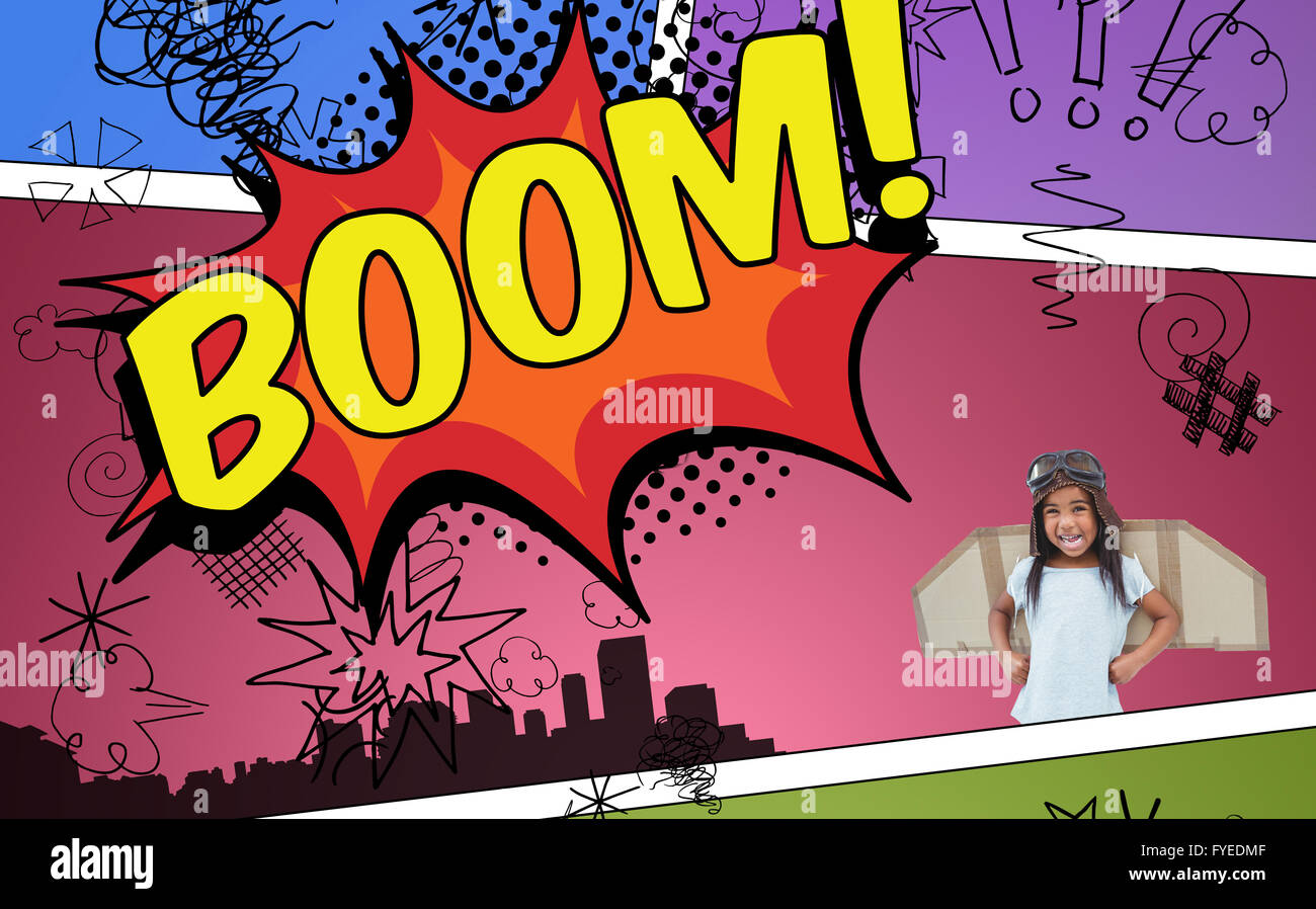 Composite image of standing girl with fake wings pretending to be pilot ...