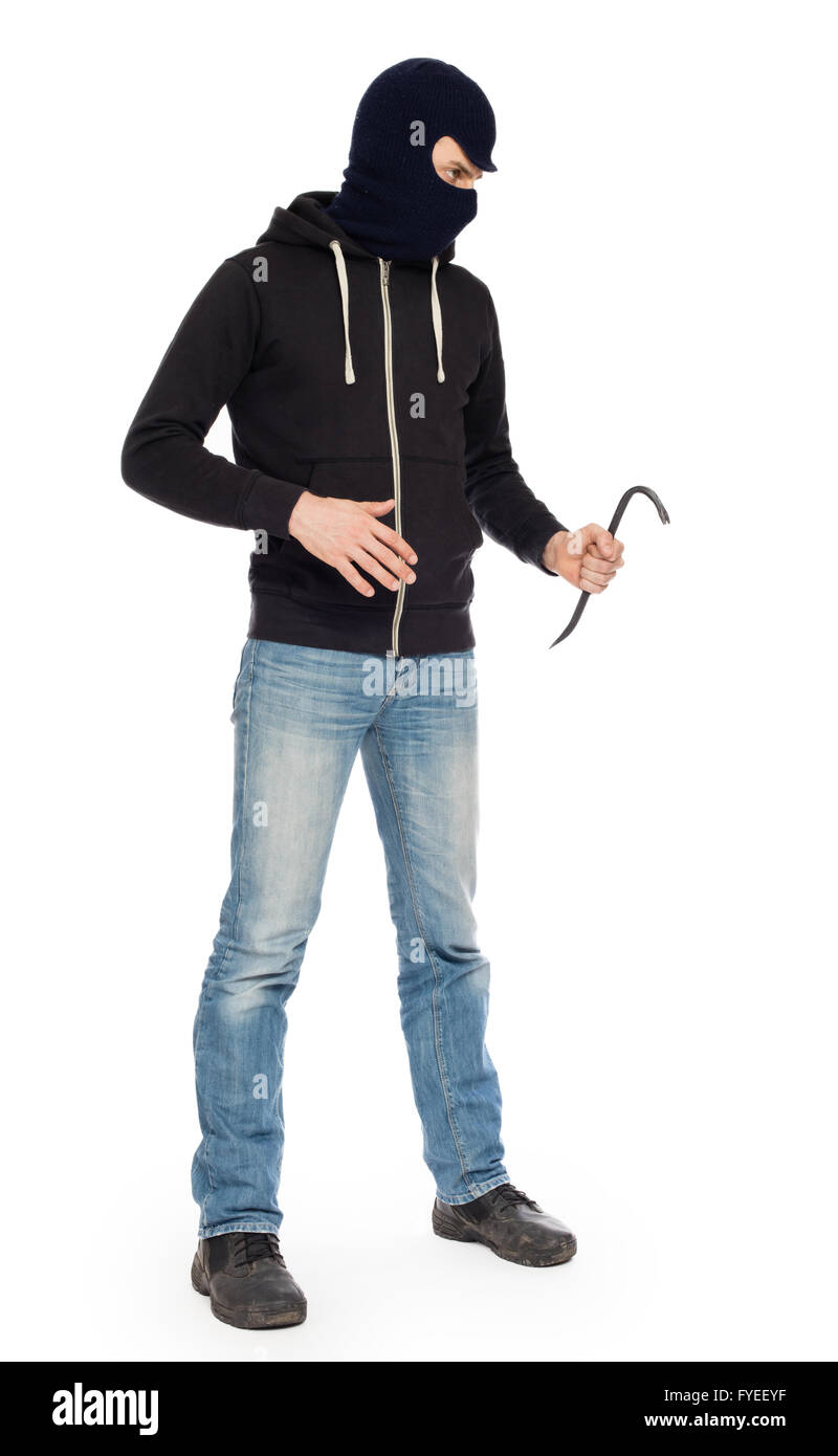 Thief burglar in balaclava mask with metal crowbar Stock Photo - Alamy