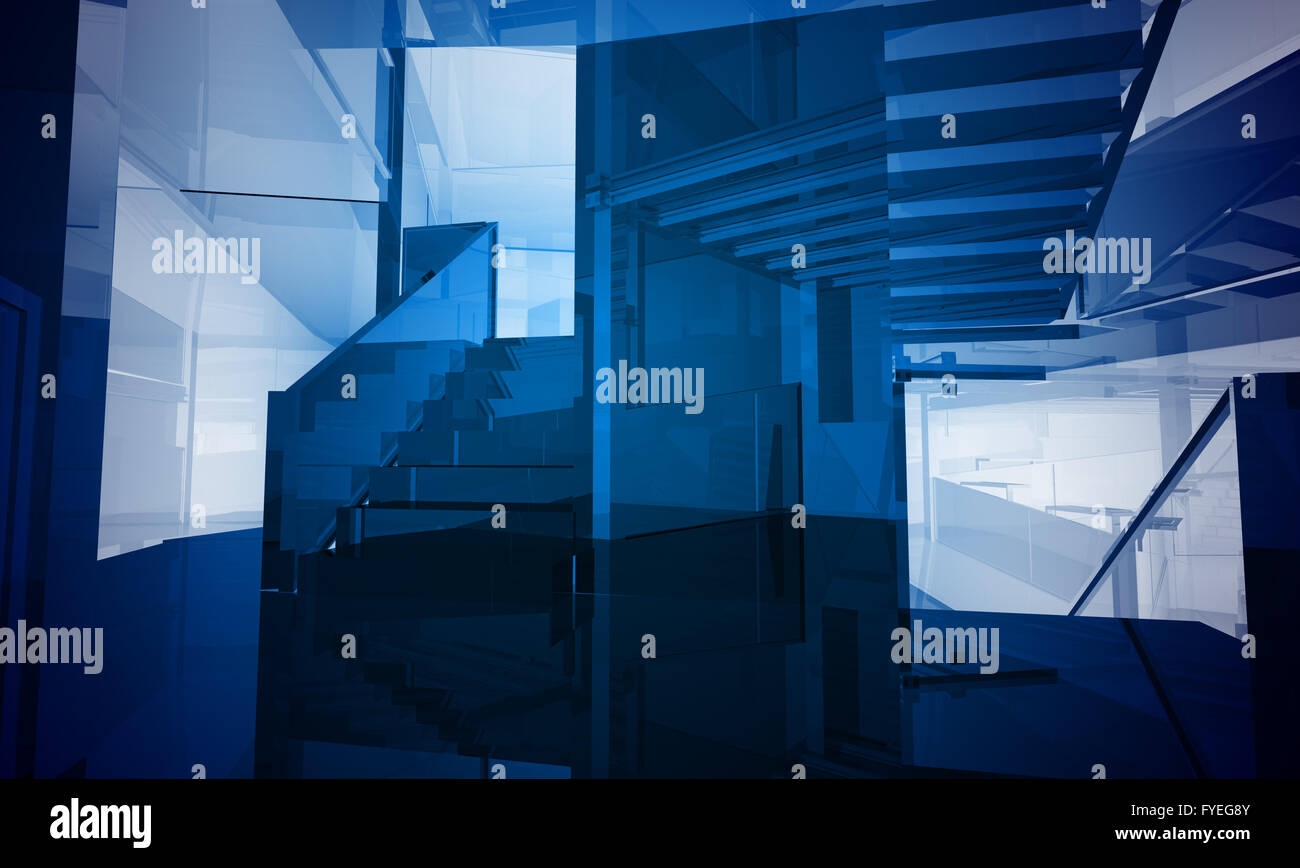 Indoor building. Office space with blue light effects Stock Photo - Alamy