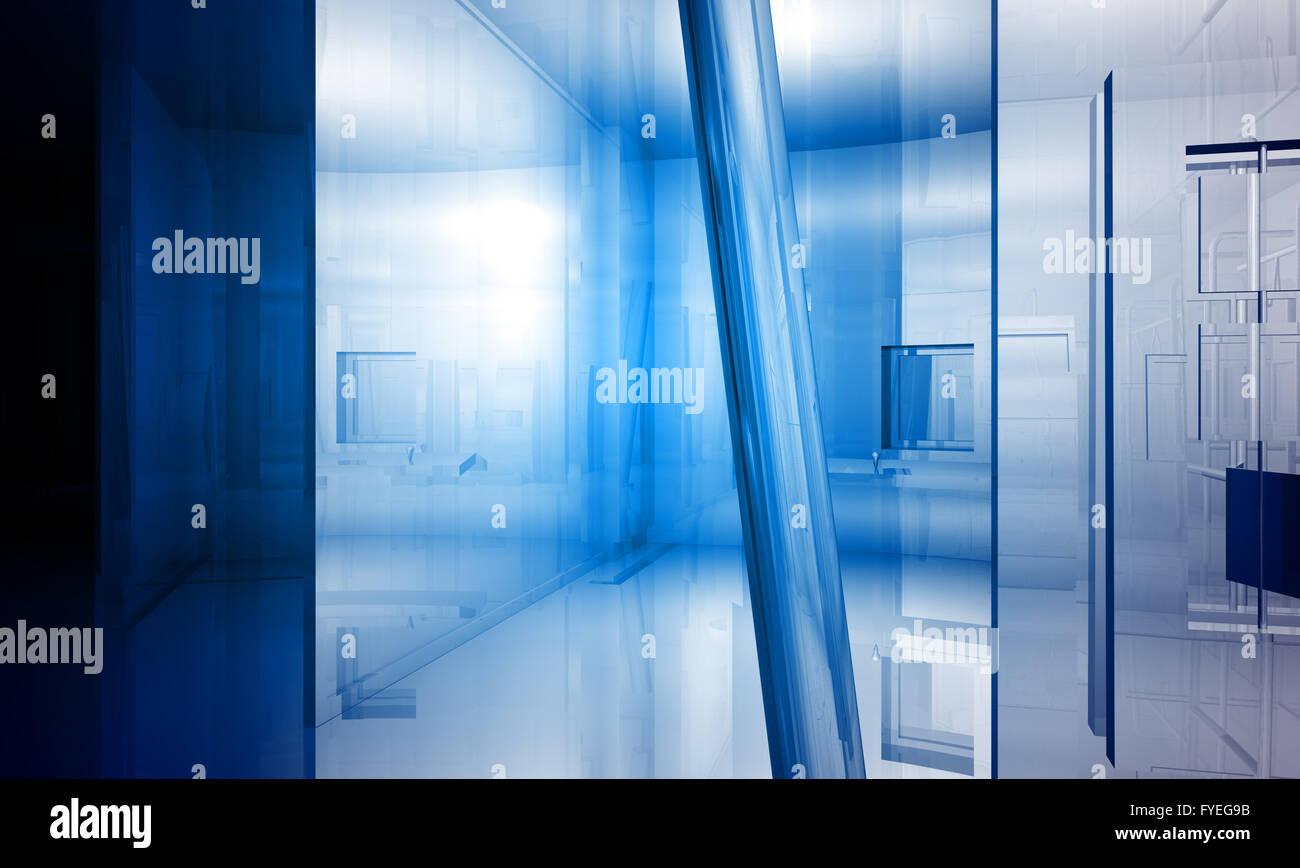 Indoor building. Office space with blue light effects Stock Photo - Alamy