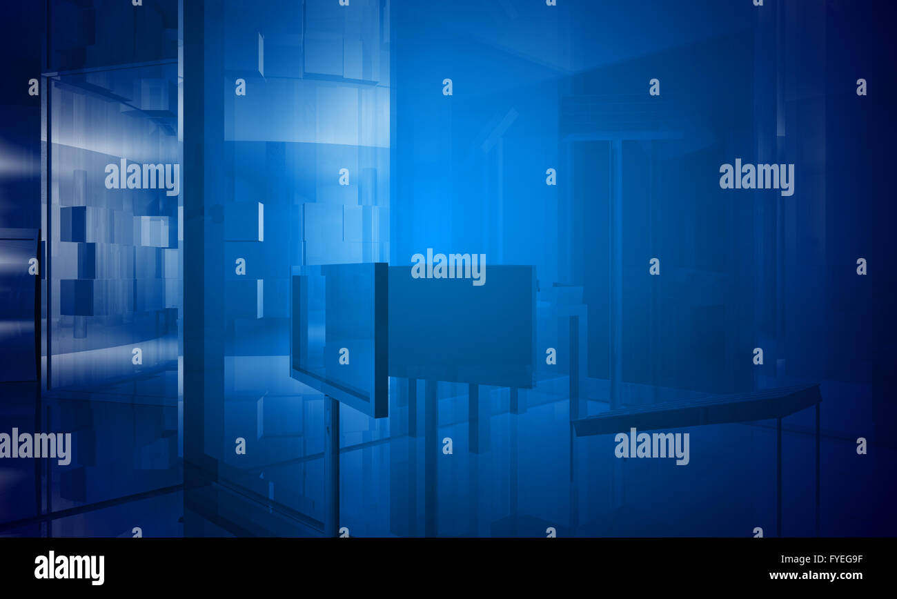 Indoor building. Office space with blue light effects Stock Photo - Alamy