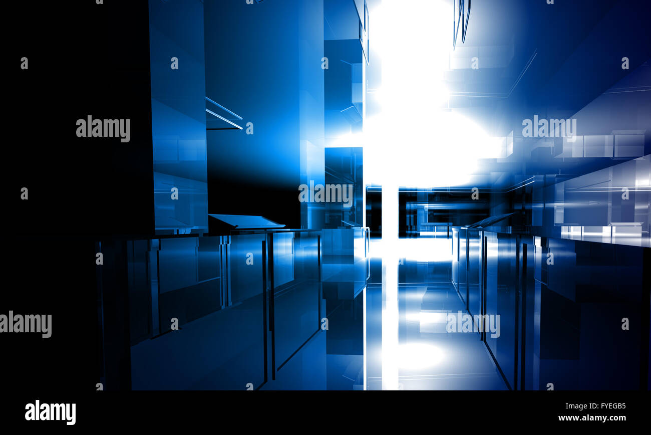 Indoor building. Office space with blue light effects Stock Photo - Alamy