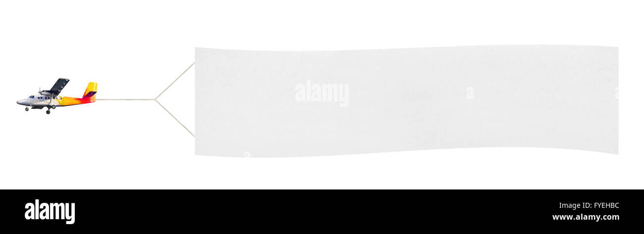 Flying airplane and banner isolated on white background Stock Photo - Alamy