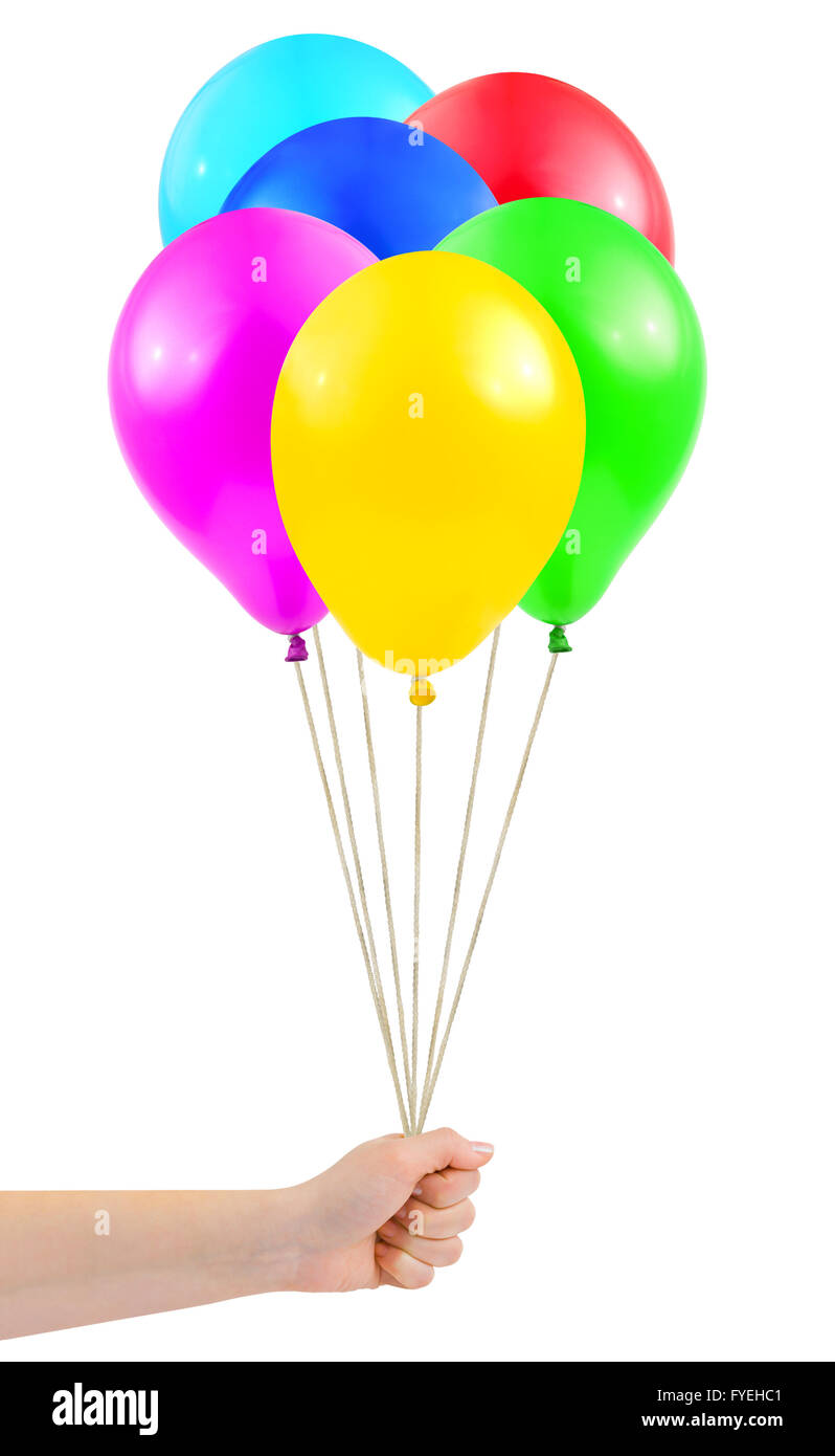 Multicolored balloons in hand isolated on white background Stock Photo ...