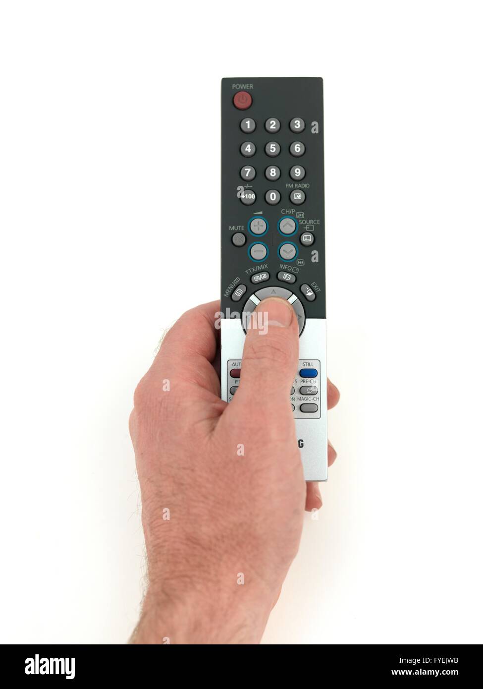 A remote control held in the hand isolated against a white background ...