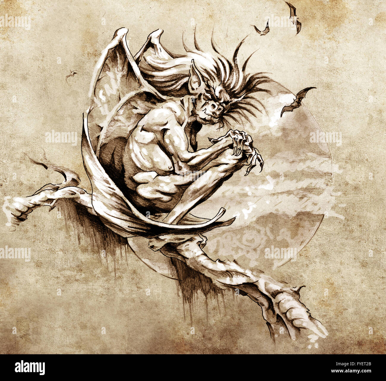 Sketch of tattoo art, gargoyle monster sitting in a tree Stock Photo ...