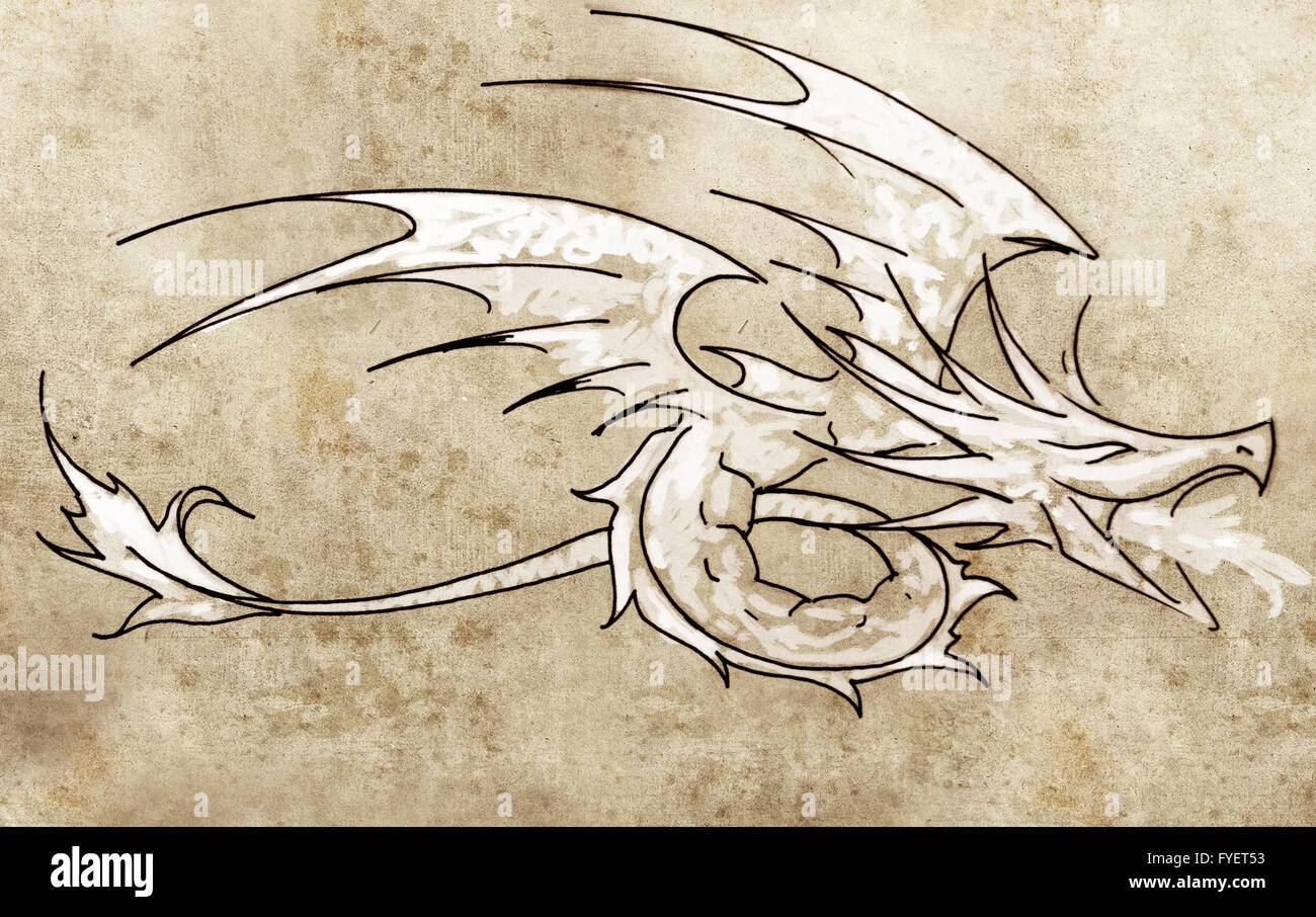Sketch of tattoo art, dragon line drawing Stock Photo - Alamy