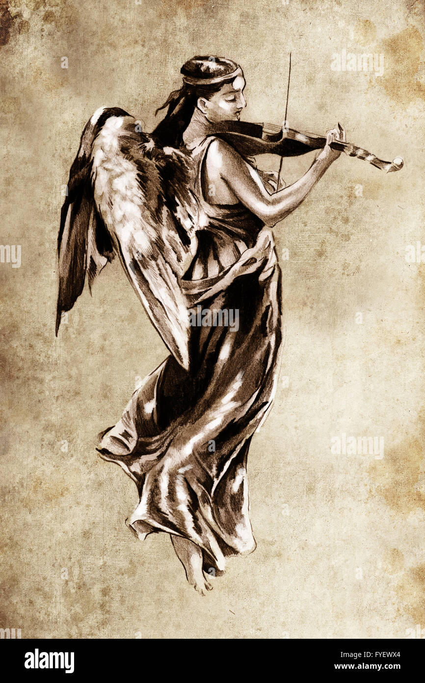 Sketch of tattoo art, music angel with violin Stock Photo - Alamy