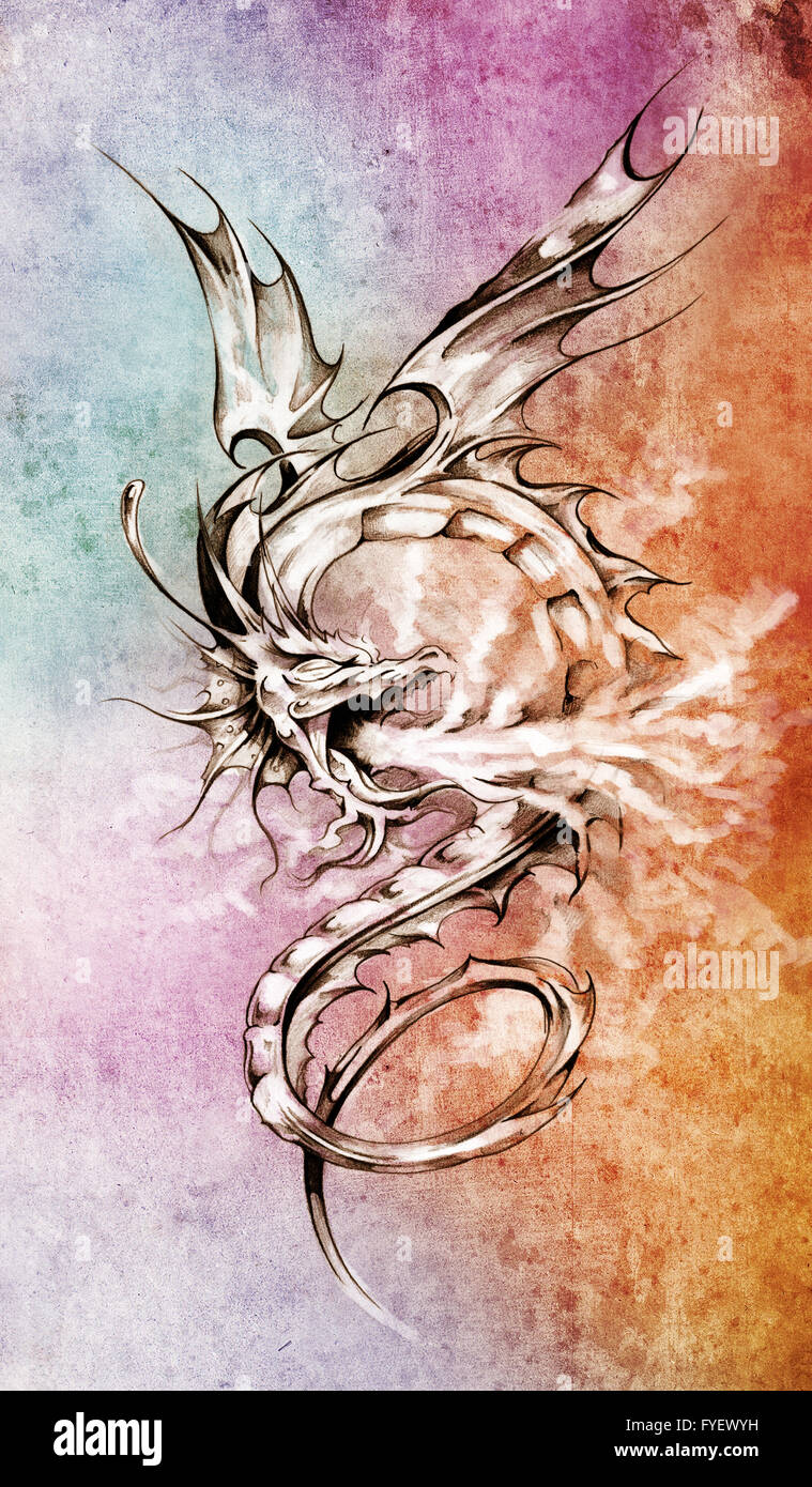 Sketch of tattoo art, stylish dragon illustration over colorful paper ...
