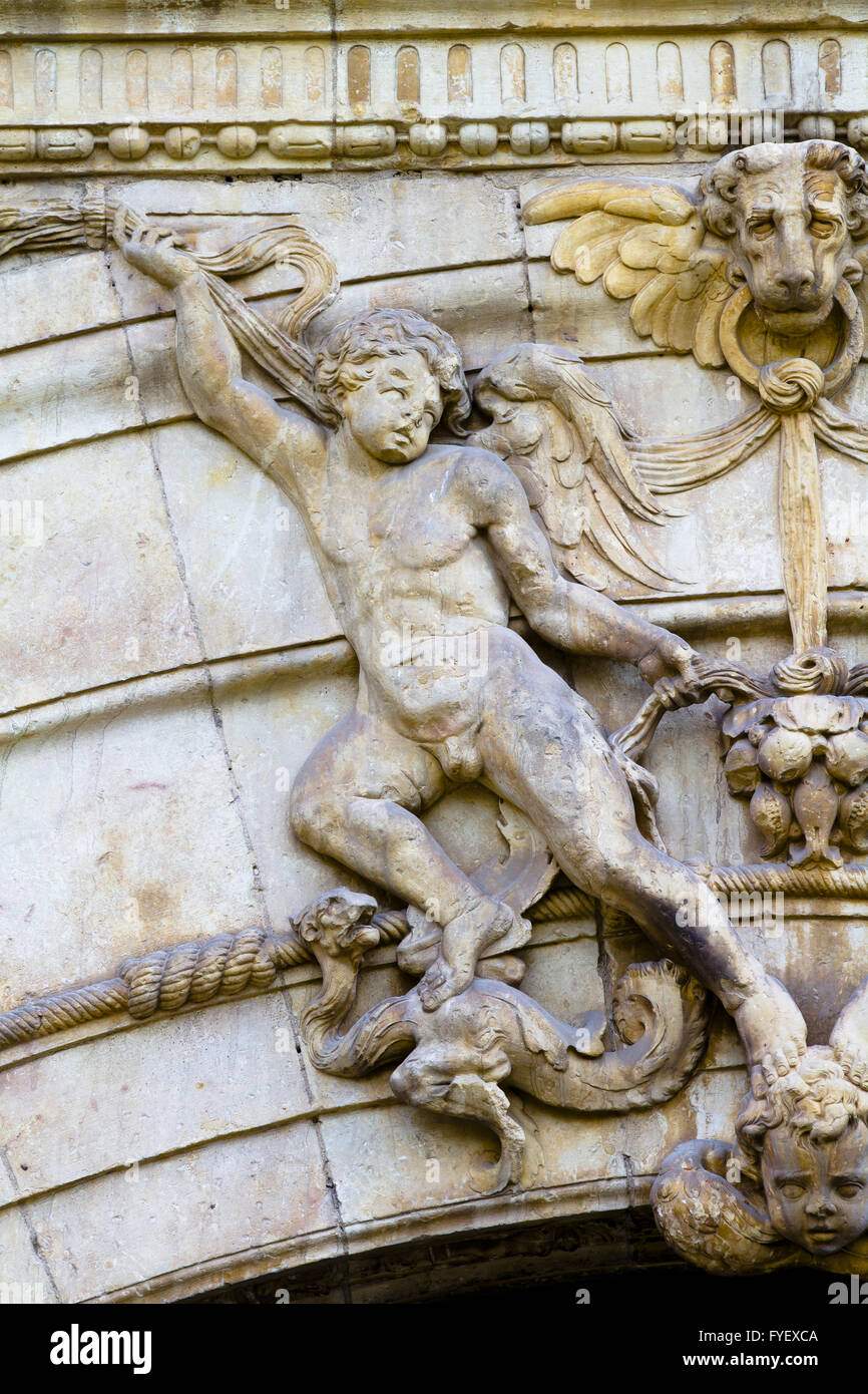 Figure, facade of the University of Alcala de Henares, Madrid, Spain ...