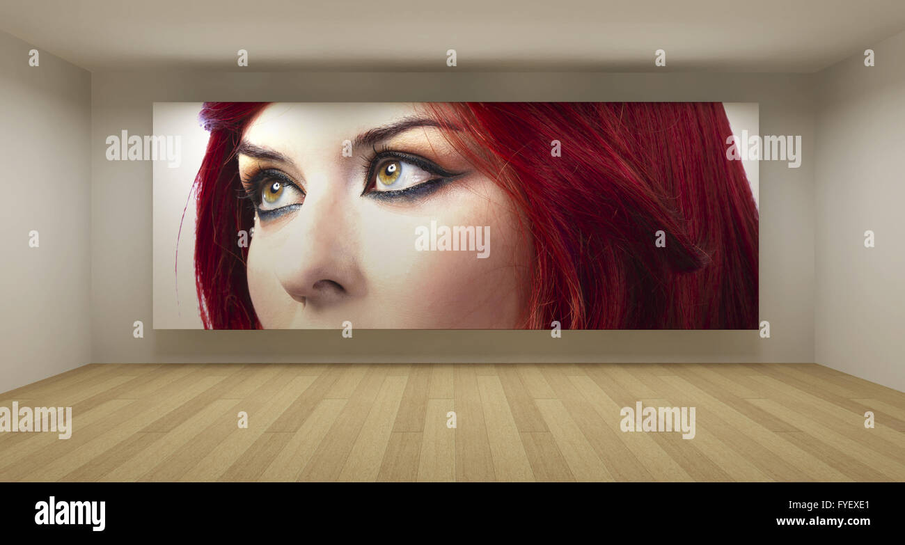 Empty room with girl picture, art gallery concept, 3d illustration ...