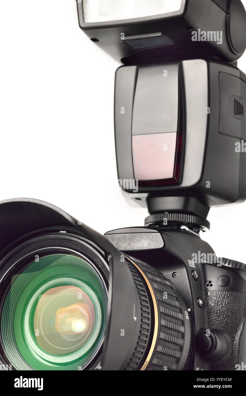 photo camera with an external flash installed Stock Photo - Alamy