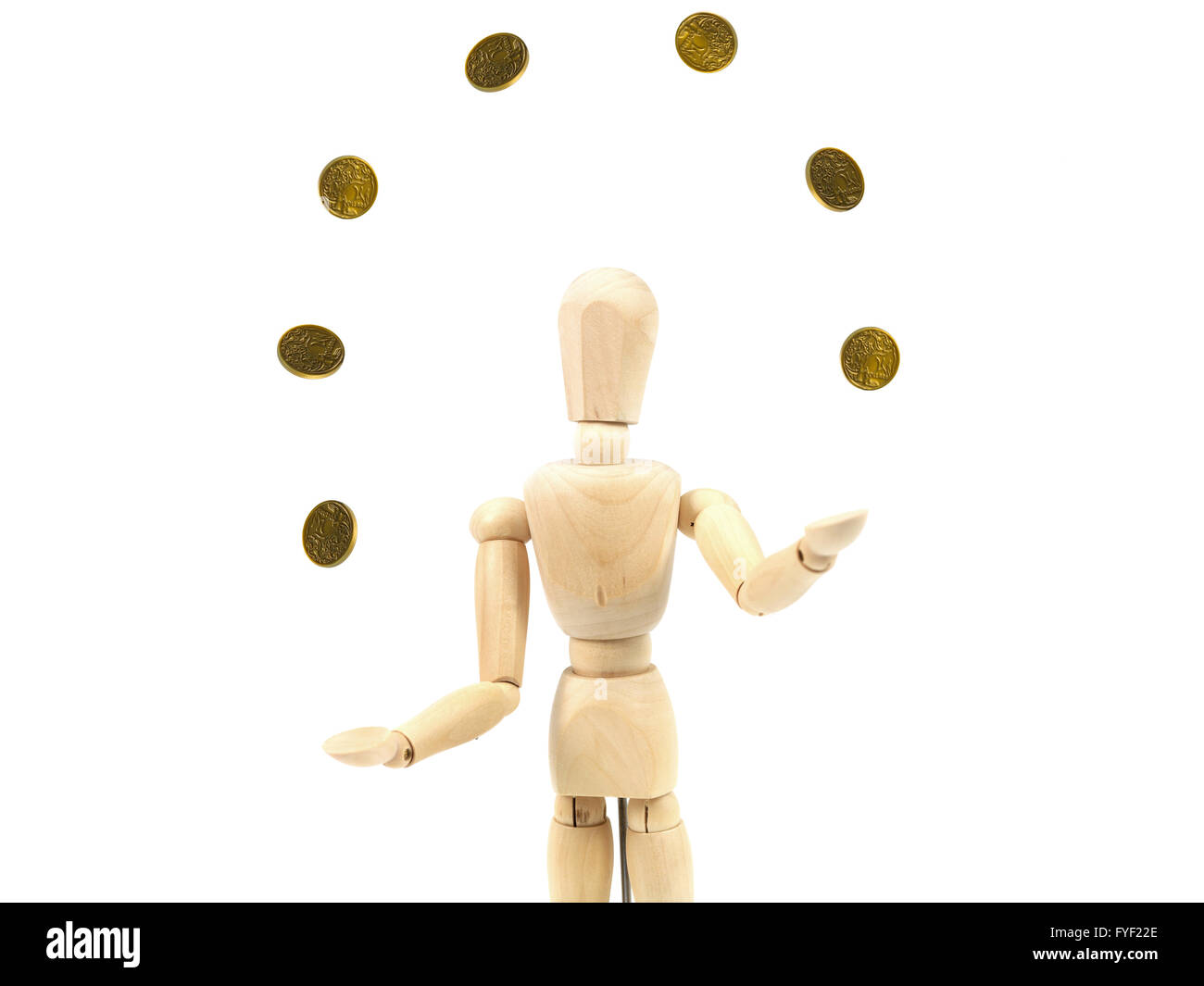 A manikin juggling money on a white background Stock Photo - Alamy