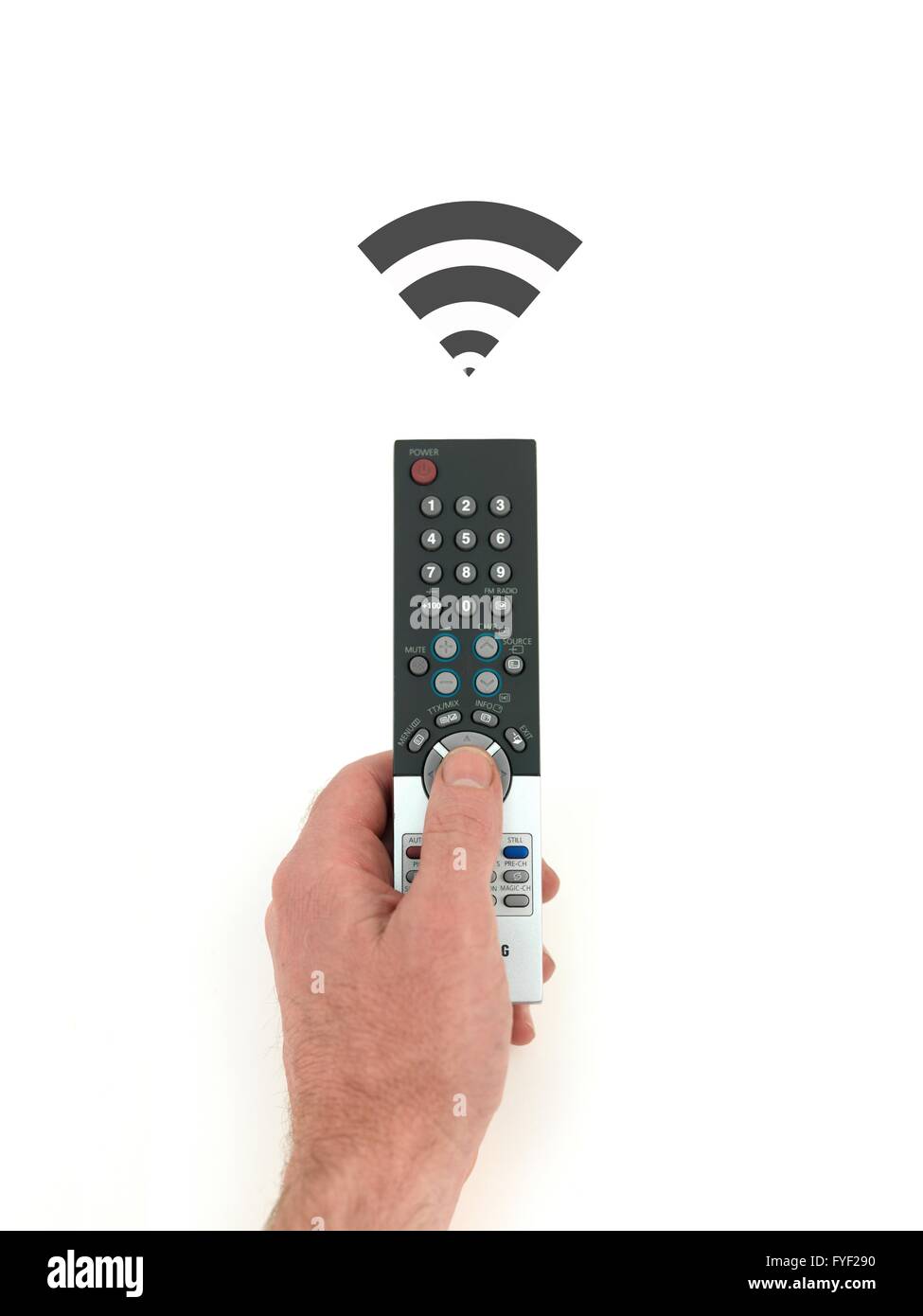 A remote control held in the hand isolated against a white background ...