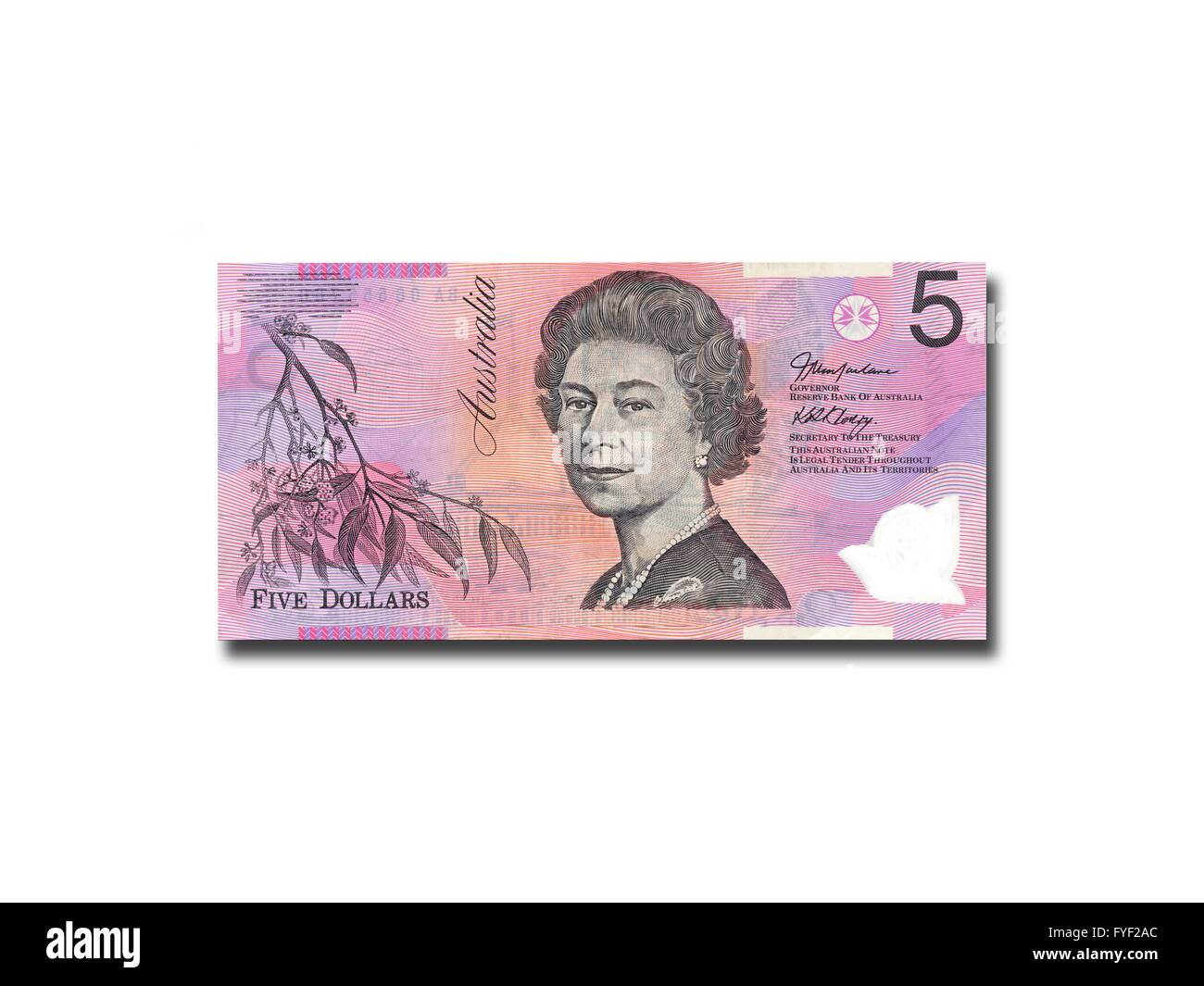 Australian five dollar note isolated against a white background Stock ...