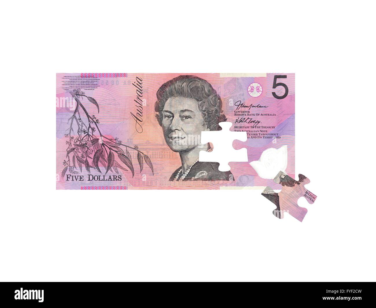 Australian five dollar note isolated against a white background Stock ...