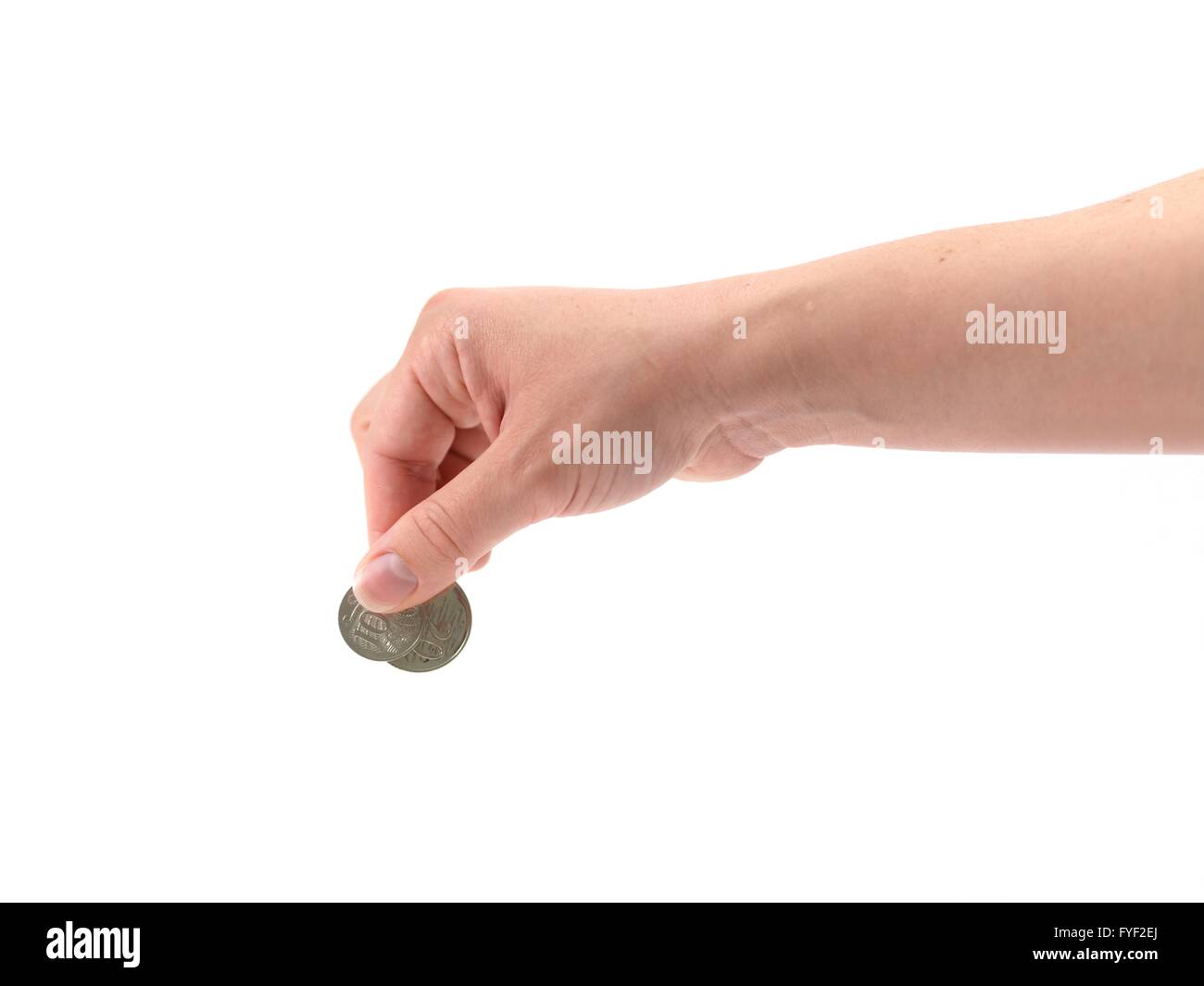 A female hand with coin isolated against a white background Stock Photo ...