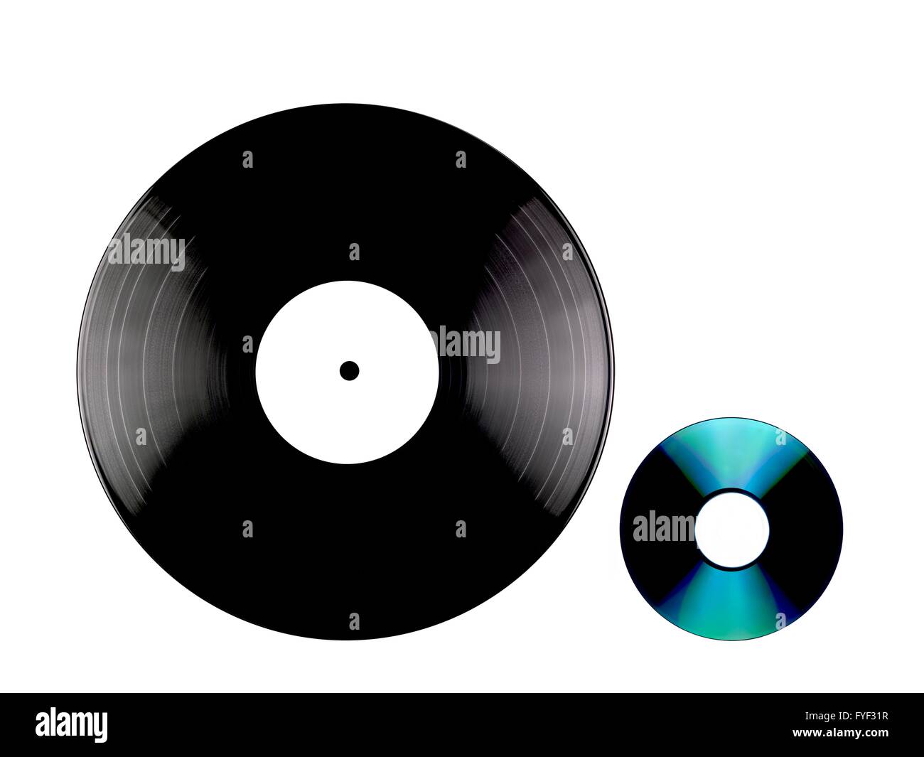 A vinyl record and a compact disc isolated against a white background ...