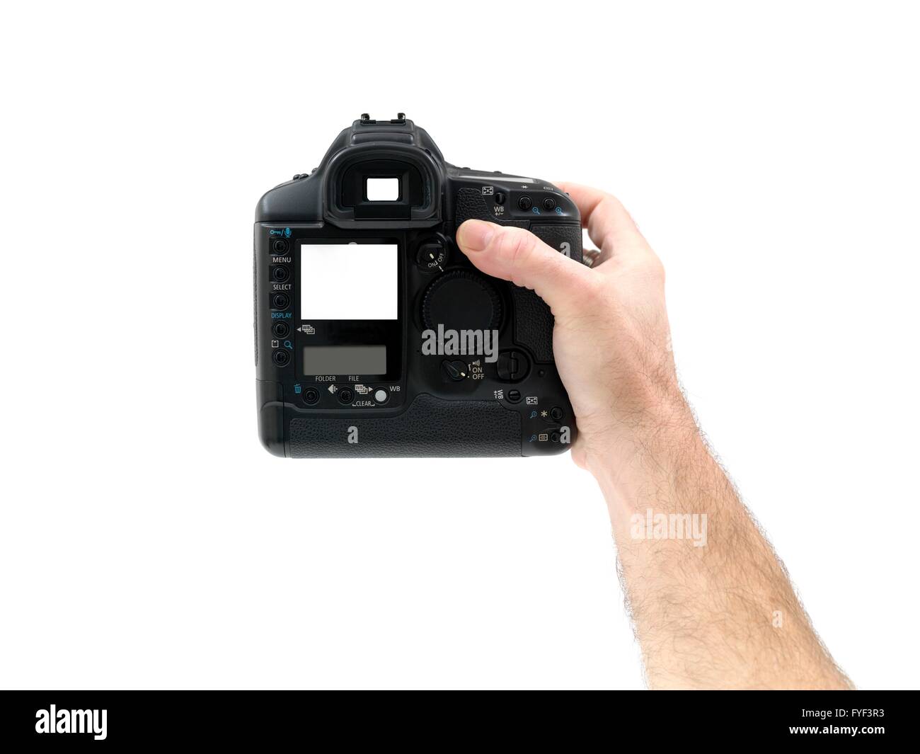 A digital camera hand held isolated against a white background Stock ...