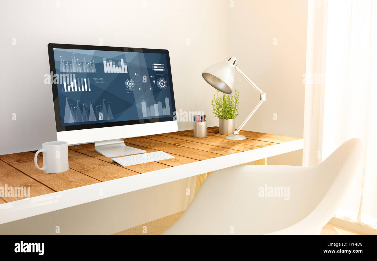 3d generated minimalist workspace with stock on computer screen ...