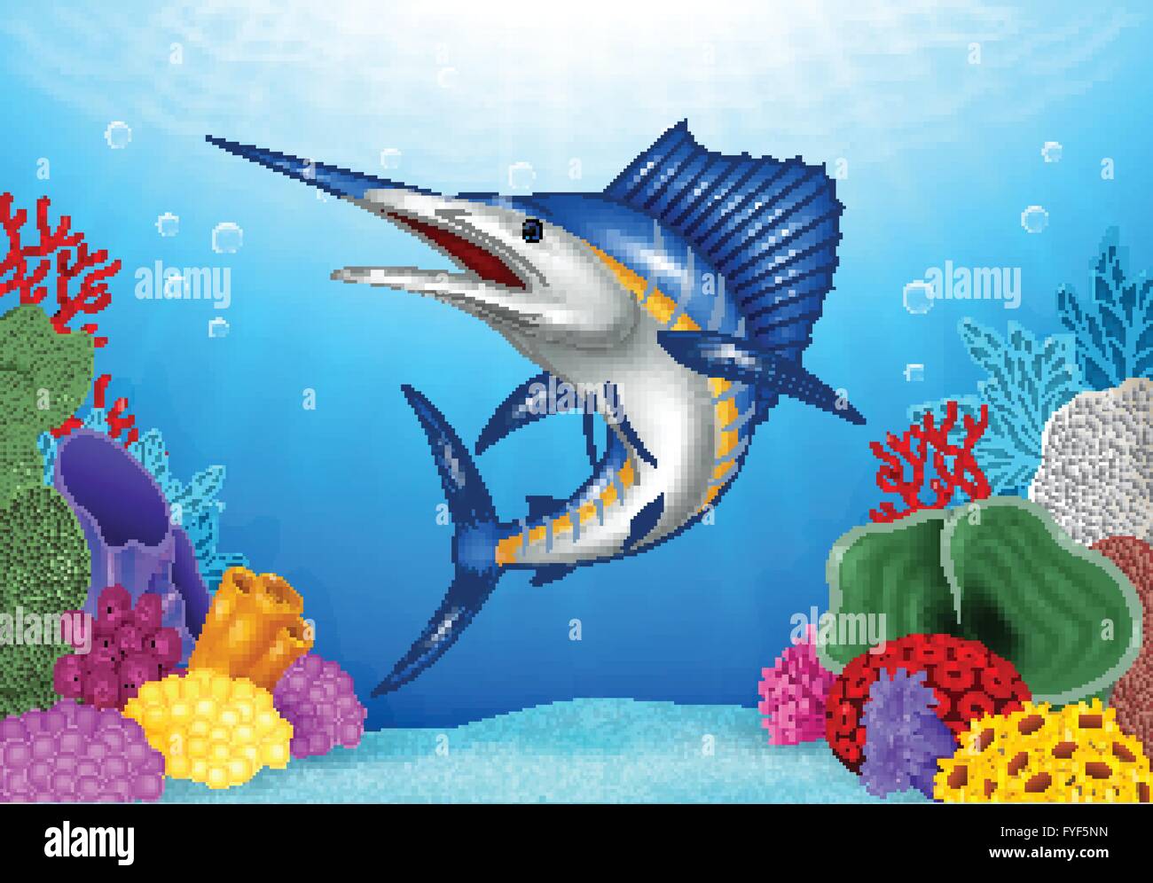 Cartoon Blue Marlin with Coral Reef Underwater in Ocean Stock Vector ...
