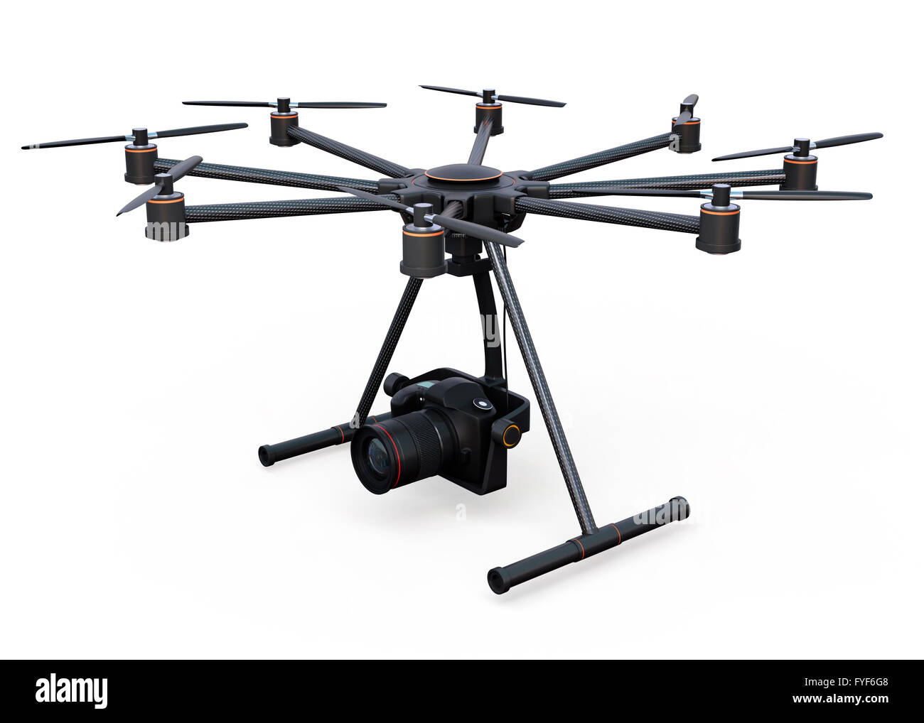 Octocopter with DSLR camera isolated on white background. 3D rendering ...