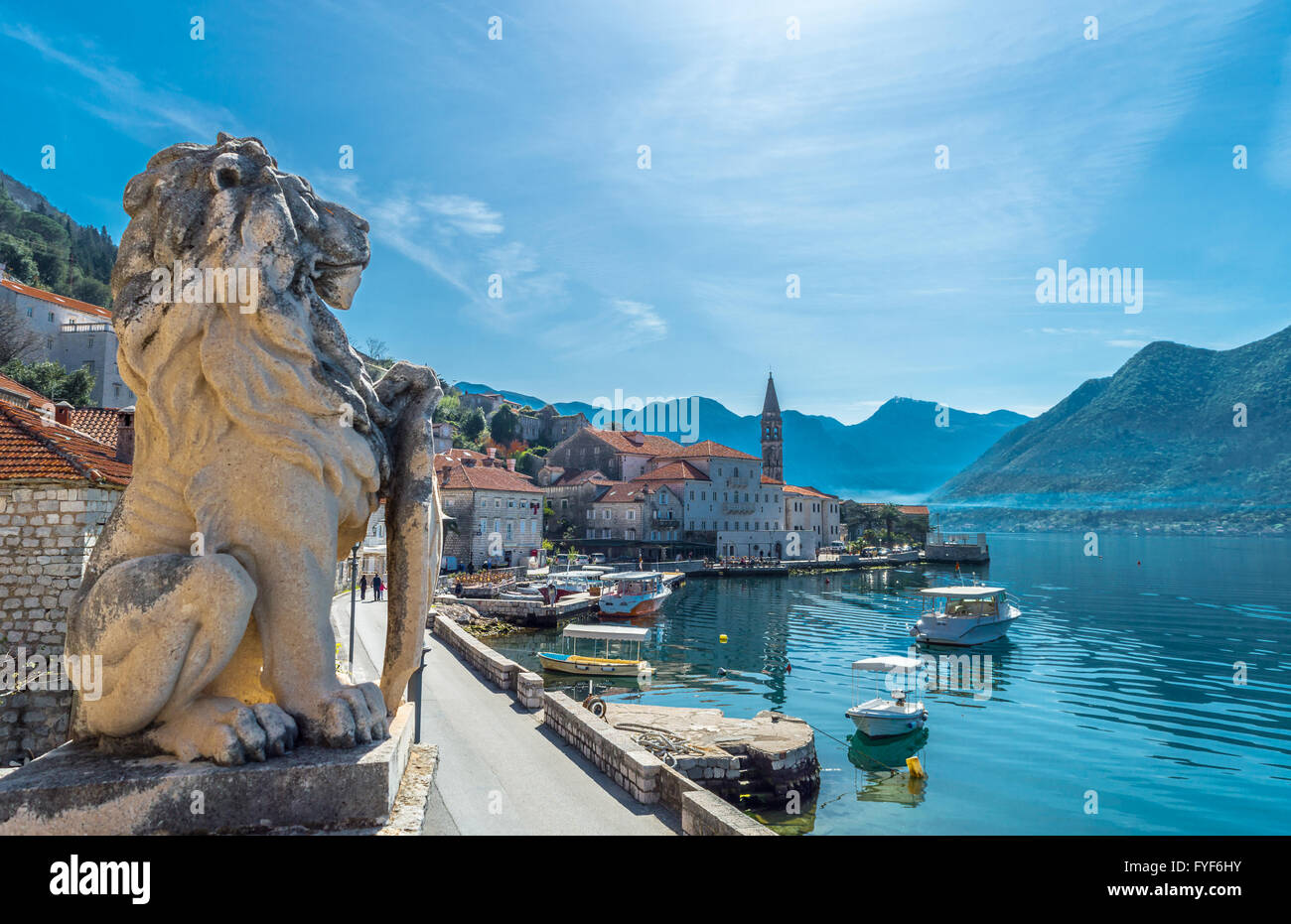 Lion statue in the old town Perast, Montenegro Stock Photo - Alamy