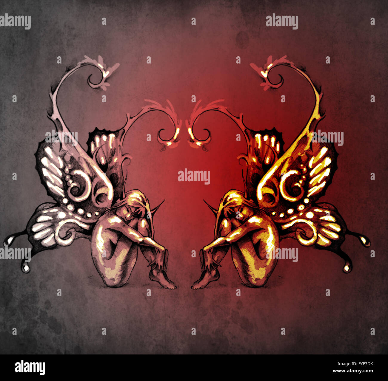 Duality concept tattoo, two fairy on blue vintage background Stock ...