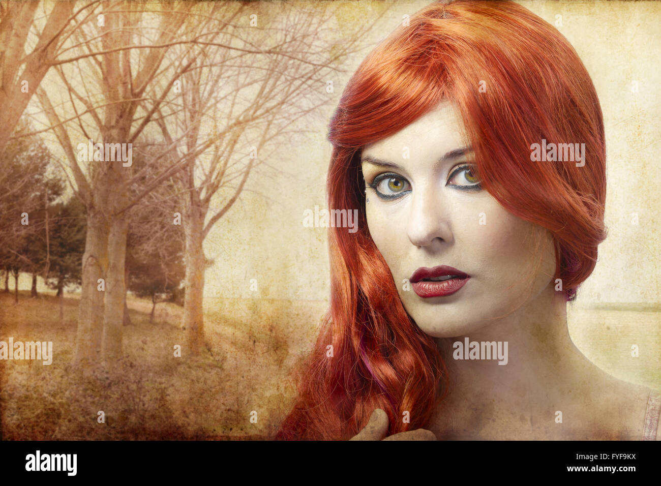 Beautiful Redheaded Woman On A Background Of Forest Renaissance Stock