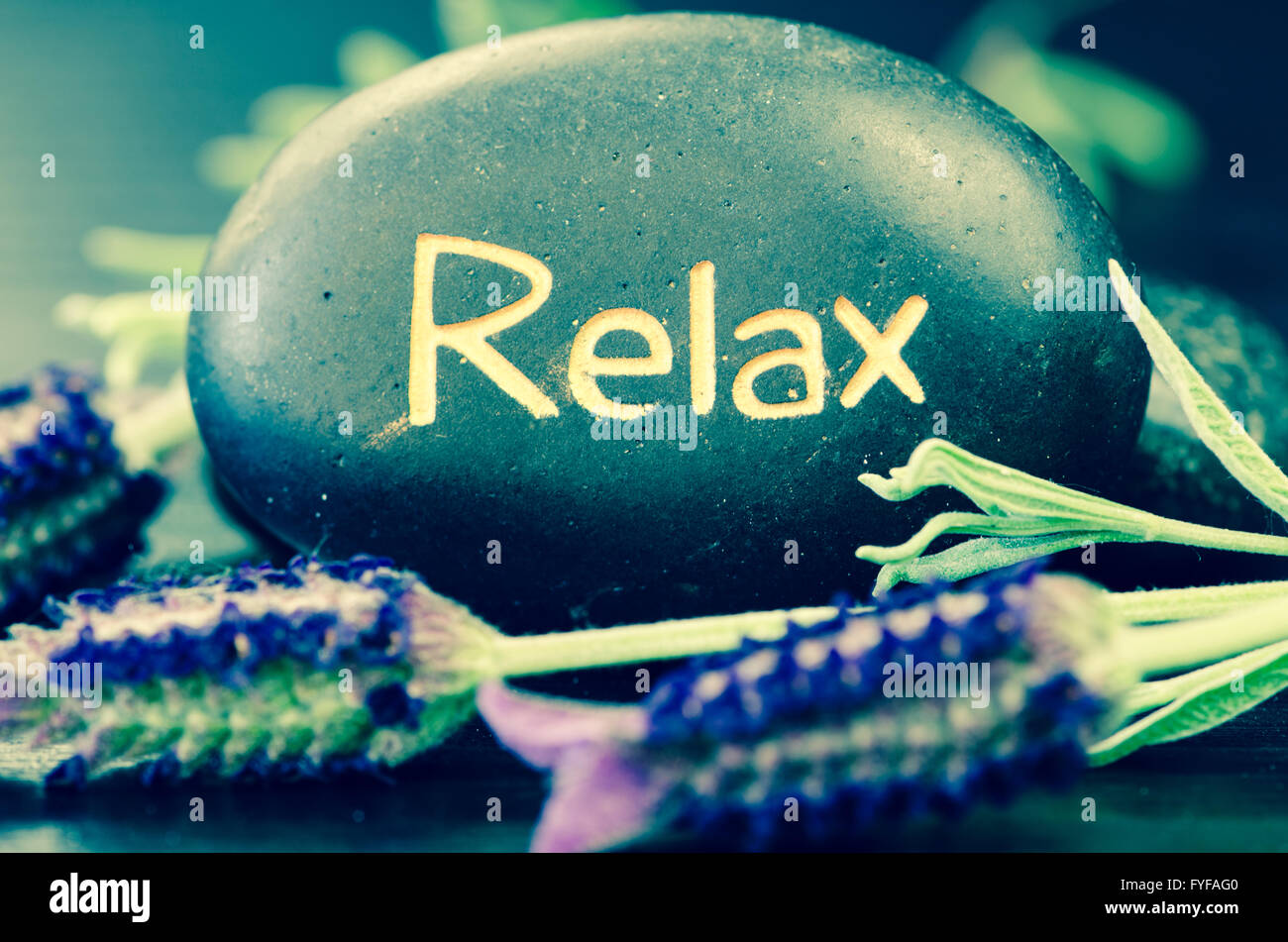 black lava stone with words relax and purple lavender flower Stock ...